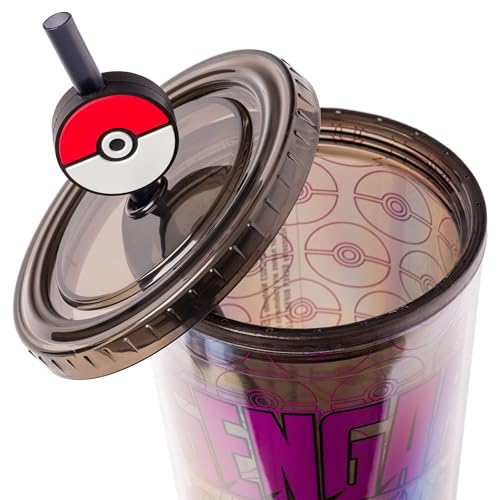 Silver Buffalo Pokemon Plastic Cold Cup with Lid and Straw Topper Featuring Genger, 24 Ounces
