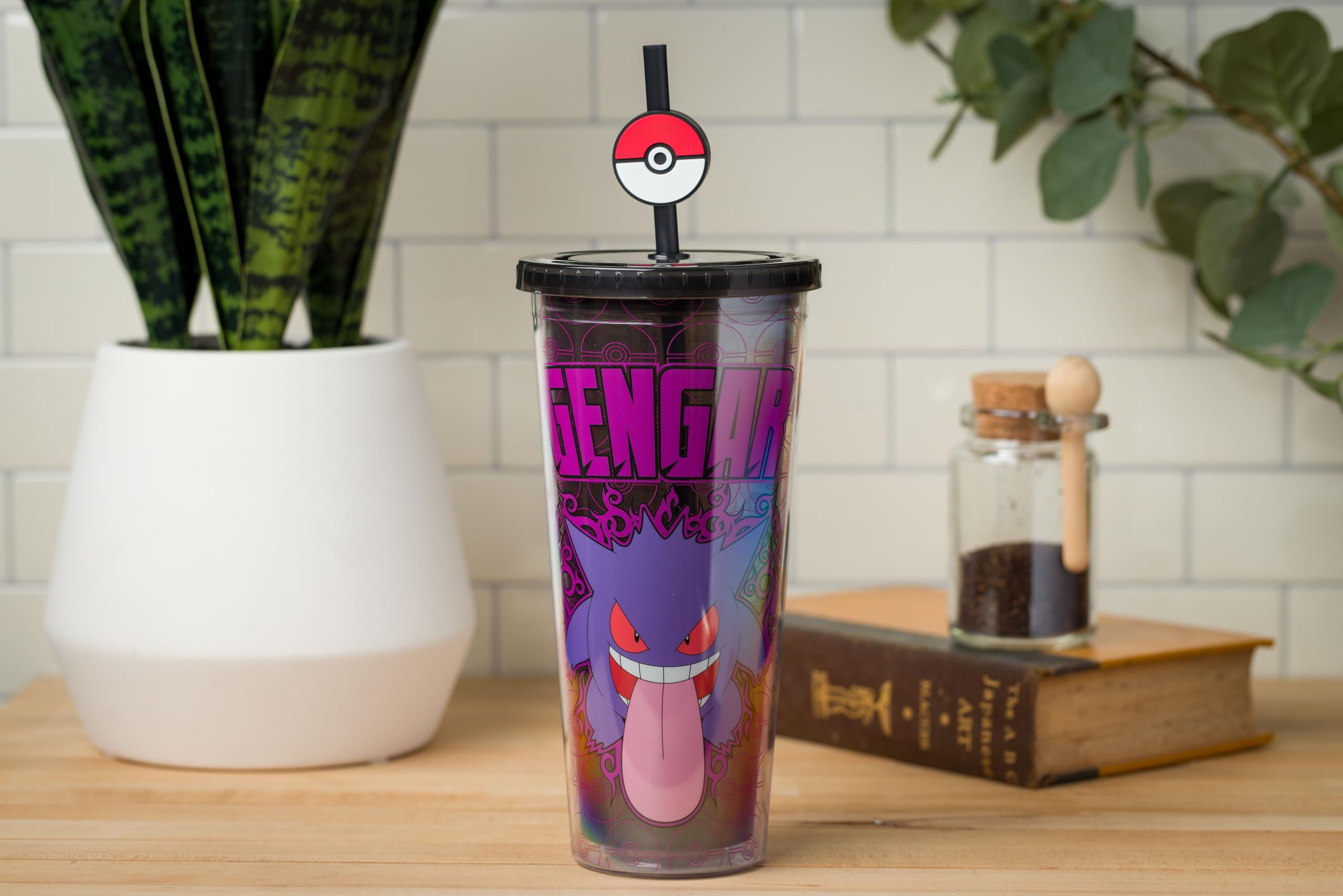 Silver Buffalo Pokemon Plastic Cold Cup with Lid and Straw Topper Featuring Genger, 24 Ounces