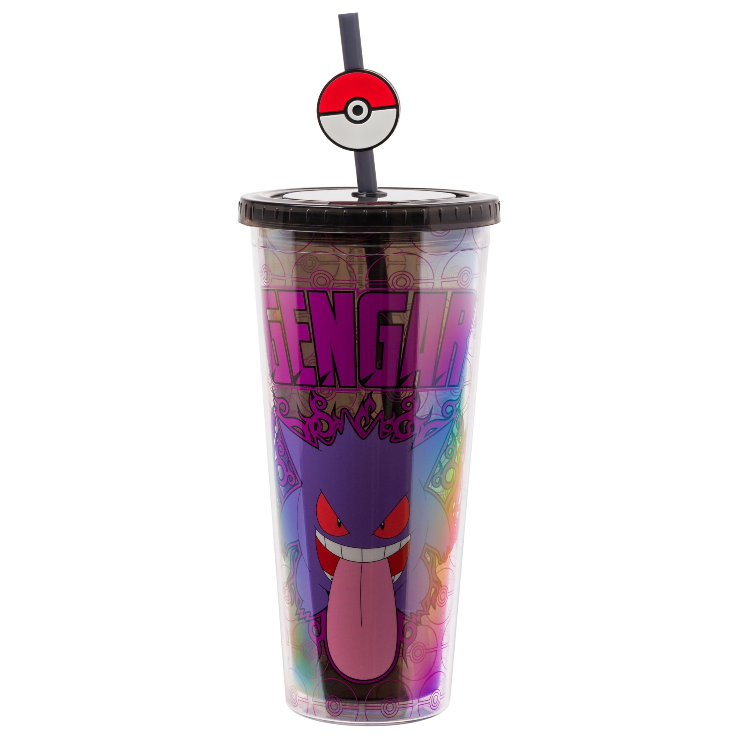 Silver Buffalo Pokemon Plastic Cold Cup with Lid and Straw Topper Featuring Genger, 24 Ounces