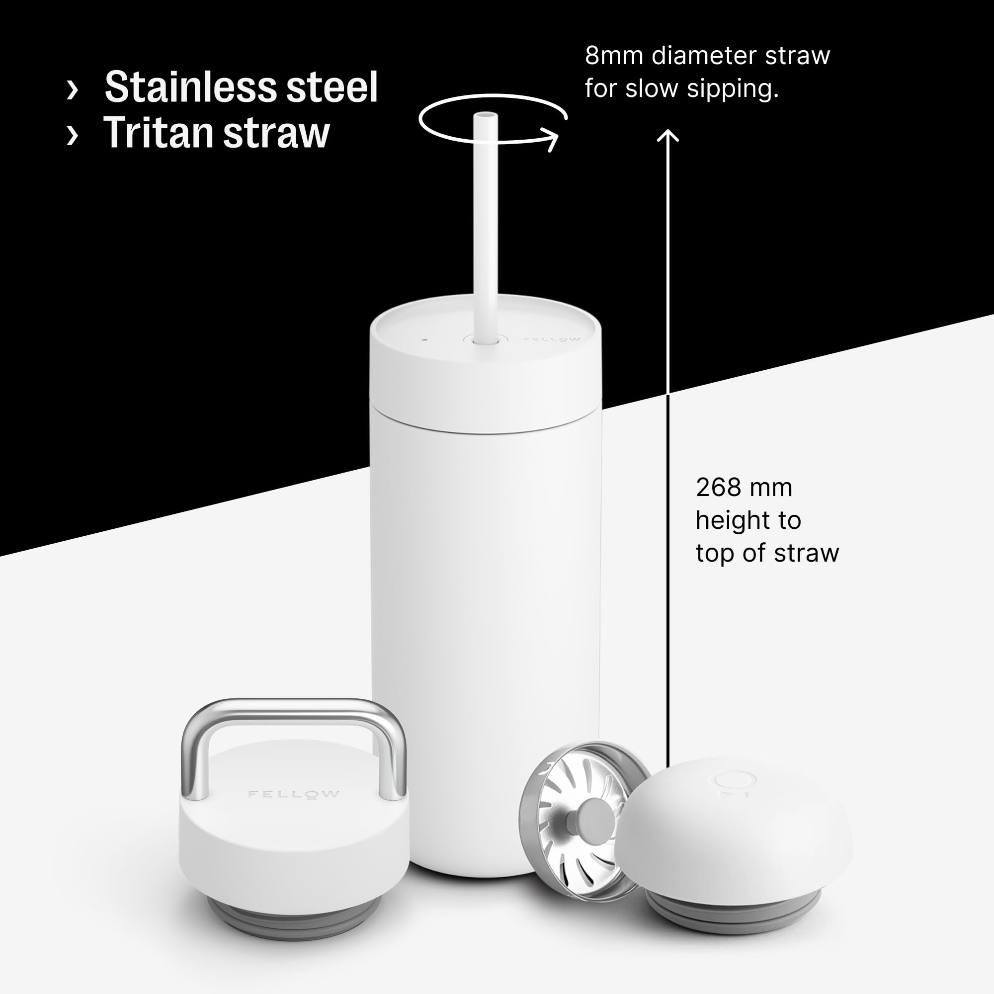 Fellow 16 oz Carter Bundle (3 in 1) Travel Mug with Carry Handle, Move & Cold Lids with Straw - To-Go Coffee Tumbler, Ceramic Interior & Vacuum-Insulated Stainless Steel - Coffee Cups-Matte White