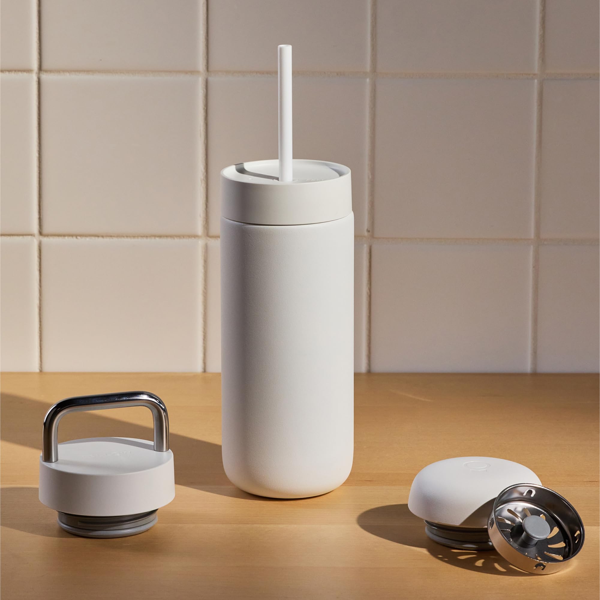 Fellow 16 oz Carter Bundle (3 in 1) Travel Mug with Carry Handle, Move & Cold Lids with Straw - To-Go Coffee Tumbler, Ceramic Interior & Vacuum-Insulated Stainless Steel - Coffee Cups-Matte White