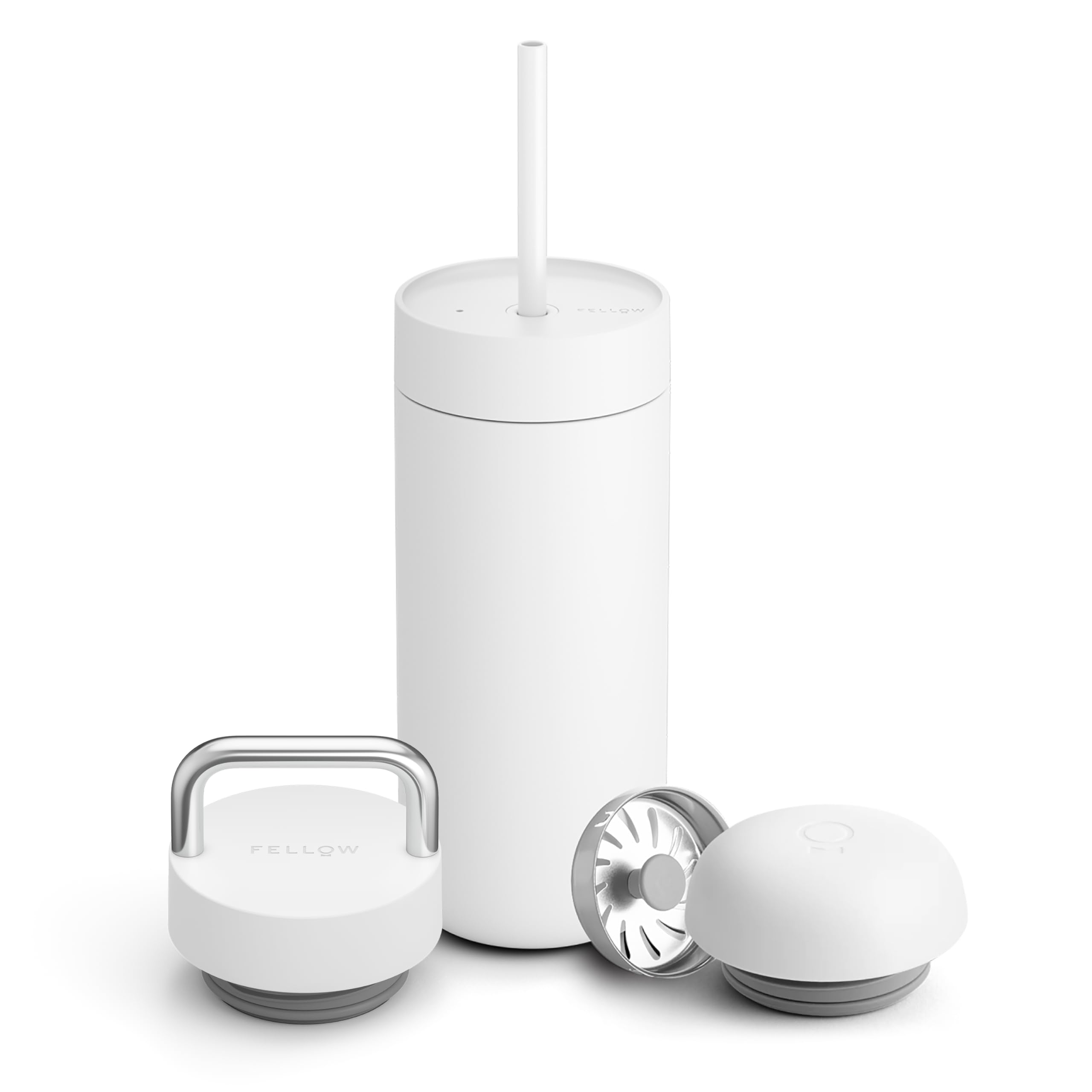 Fellow 16 oz Carter Bundle (3 in 1) Travel Mug with Carry Handle, Move & Cold Lids with Straw - To-Go Coffee Tumbler, Ceramic Interior & Vacuum-Insulated Stainless Steel - Coffee Cups-Matte White