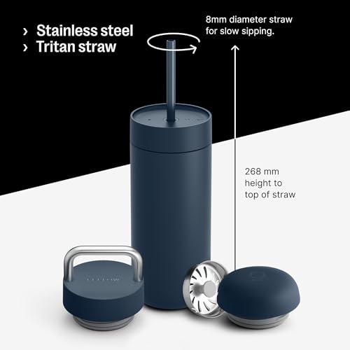 Fellow 16 oz Carter Bundle (3 in 1) Travel Mug with Carry Handle, Move & Cold Lids with Straw - To-Go Coffee Tumbler, Ceramic Interior & Vacuum-Insulated Stainless Steel - Coffee Cups-Stone Blue