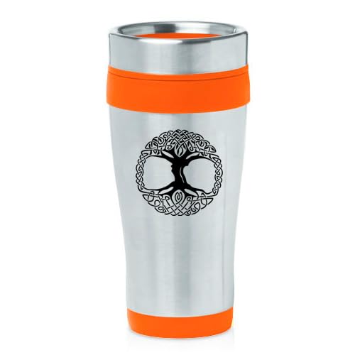 16oz Insulated Stainless Steel Travel Mug Coffee Mug Tumbler Celtic Tree Of Life Irish (Orange)