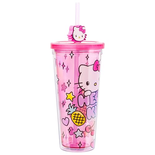 Silver Buffalo Sanrio Hello Kitty Kawaii Cute Hearts and Sparkle Plastic Cold Cup with Lid and Straw Topper, 24 Ounces