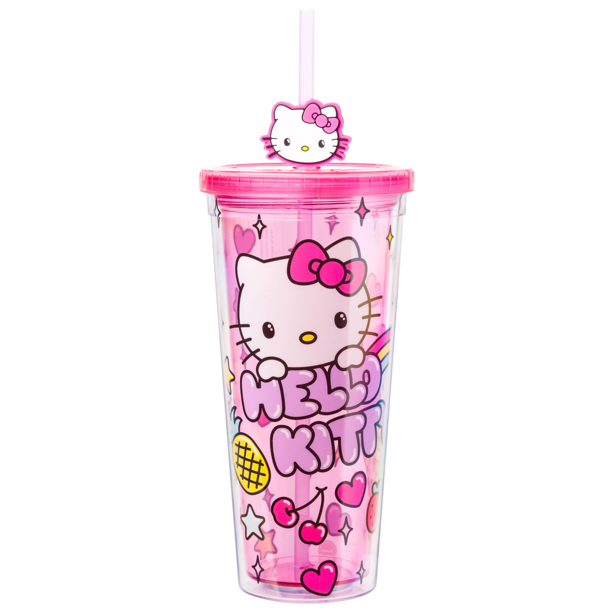 Silver Buffalo Sanrio Hello Kitty Kawaii Cute Hearts and Sparkle Plastic Cold Cup with Lid and Straw Topper, 24 Ounces