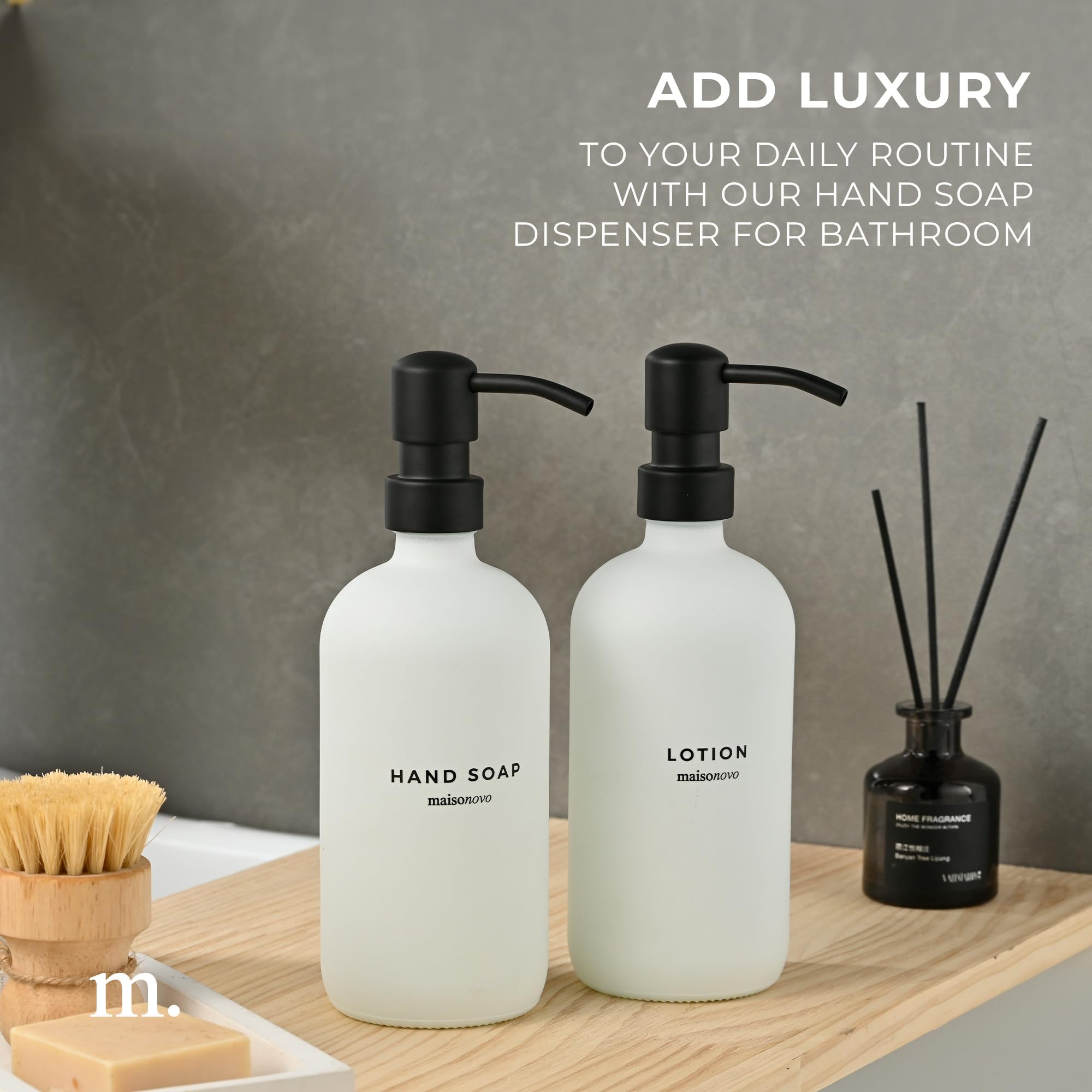 MaisoNovo Bathroom Soap and Lotion Dispenser Set - White Glass Black Pumps x 2-4 Mixed Pack Foaming Hand Soap Refill Tablets