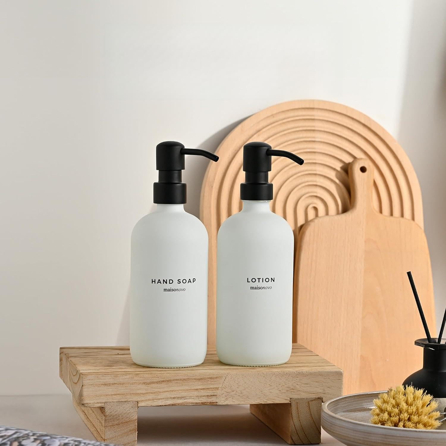 MaisoNovo Bathroom Soap and Lotion Dispenser Set - White Glass Black Pumps x 2-4 Mixed Pack Foaming Hand Soap Refill Tablets