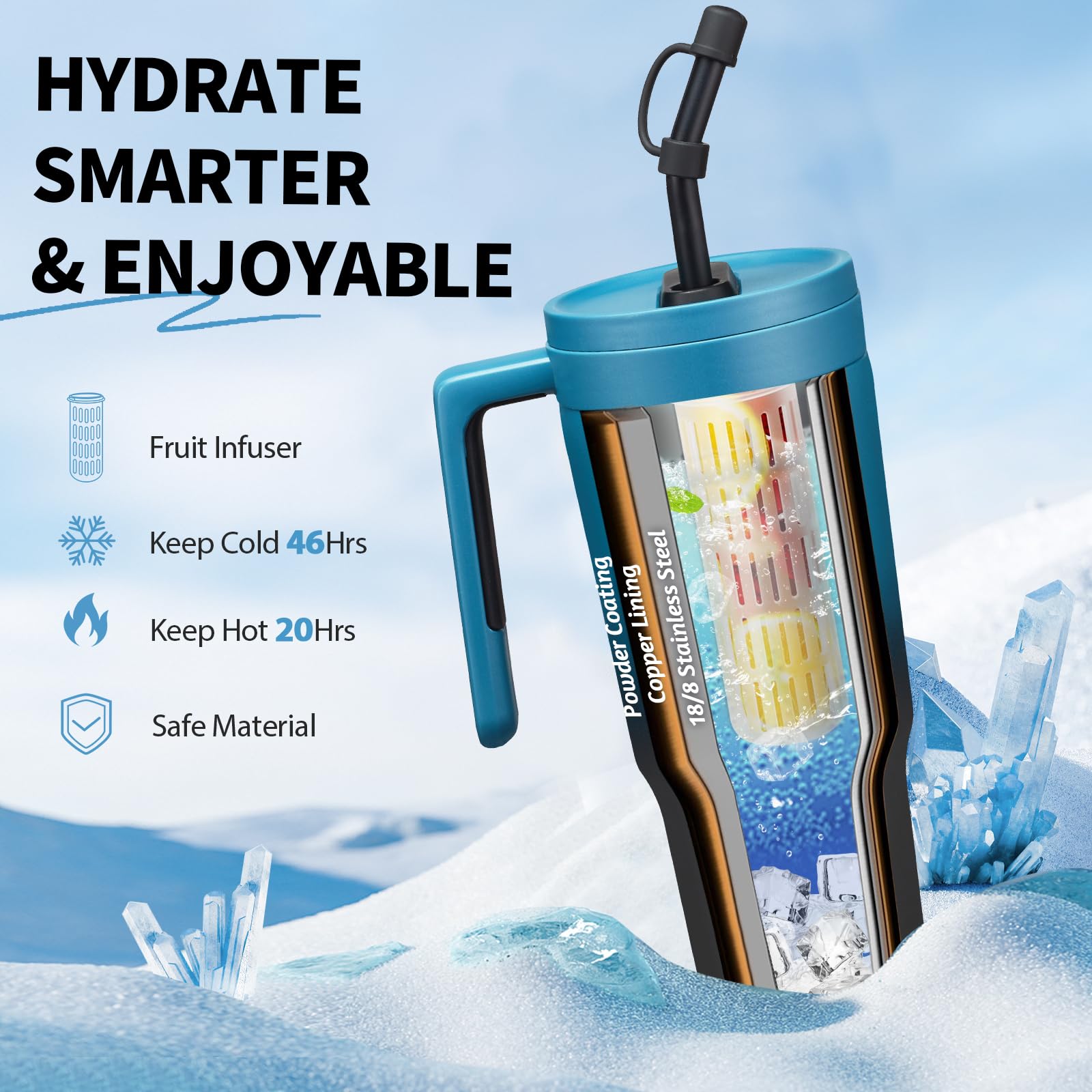 40oz Infuser Water Bottle Tumbler - Stainless Steel Insulated Cup Keep Cold-46H & Hot-20H, Protective Boot, Leak Proof Tumbler with Handle and Straw, Water Bottle with Fruit Infuser