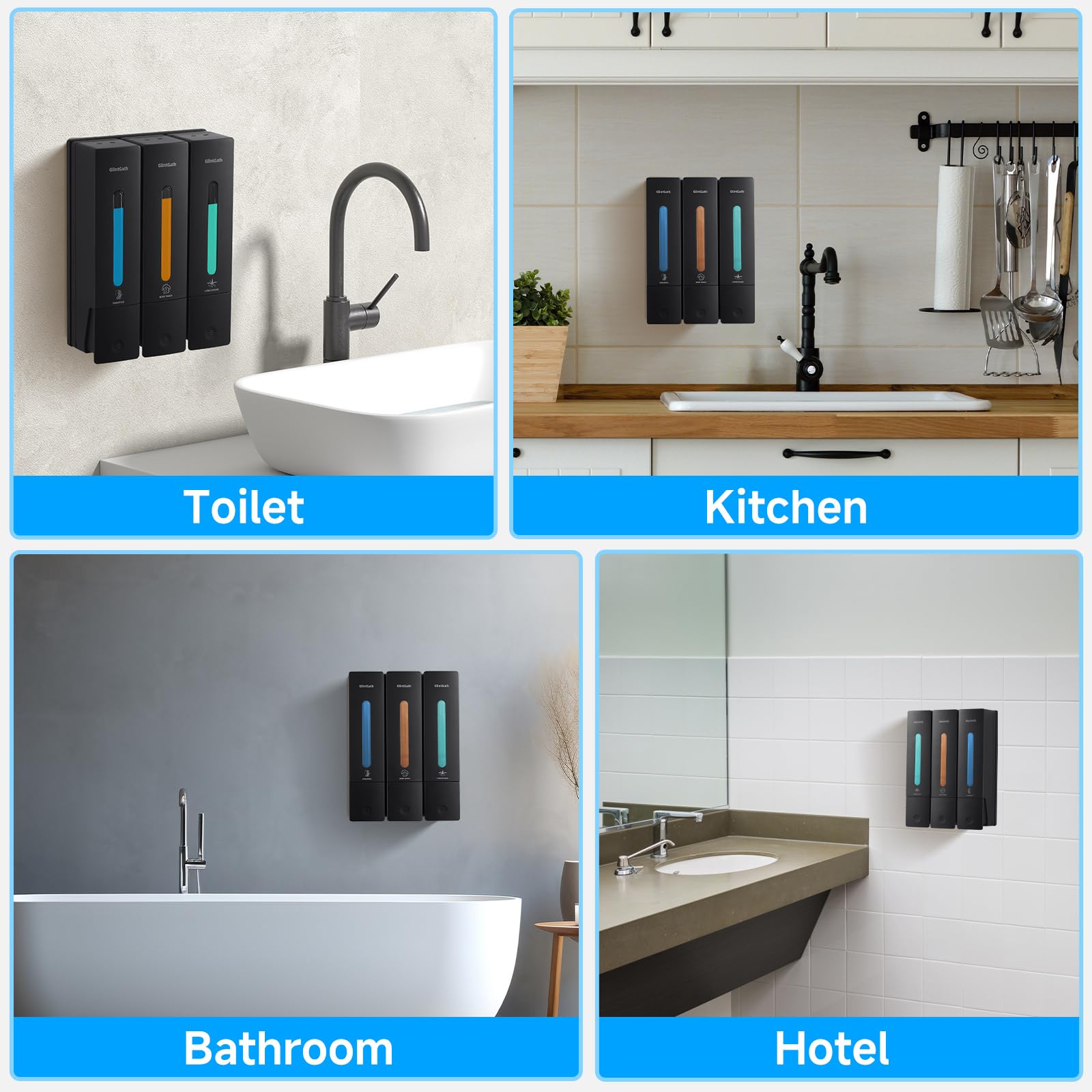 Shampoo and Conditioner Dispenser Shower Soap Dispenser Shower Dispenser 3 Chamber No Drill Shampoo Dispenser for Shower Wall, Body Wash Dispenser Wall Mounted for Bathroom Hotel,1200ML,Black