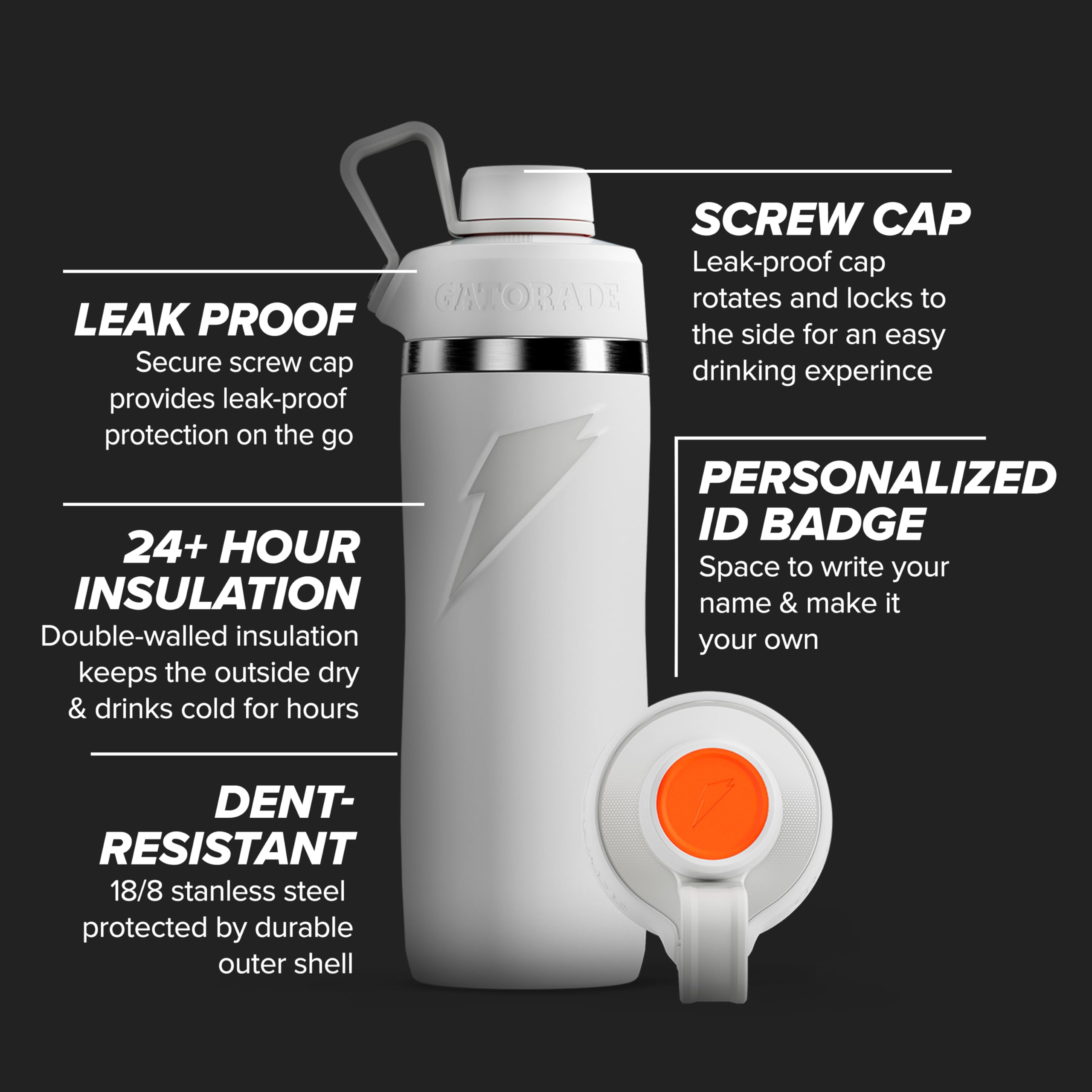Gatorade 'Overtime' 22oz Stainless Steel Water Bottle, Twist Cap, White