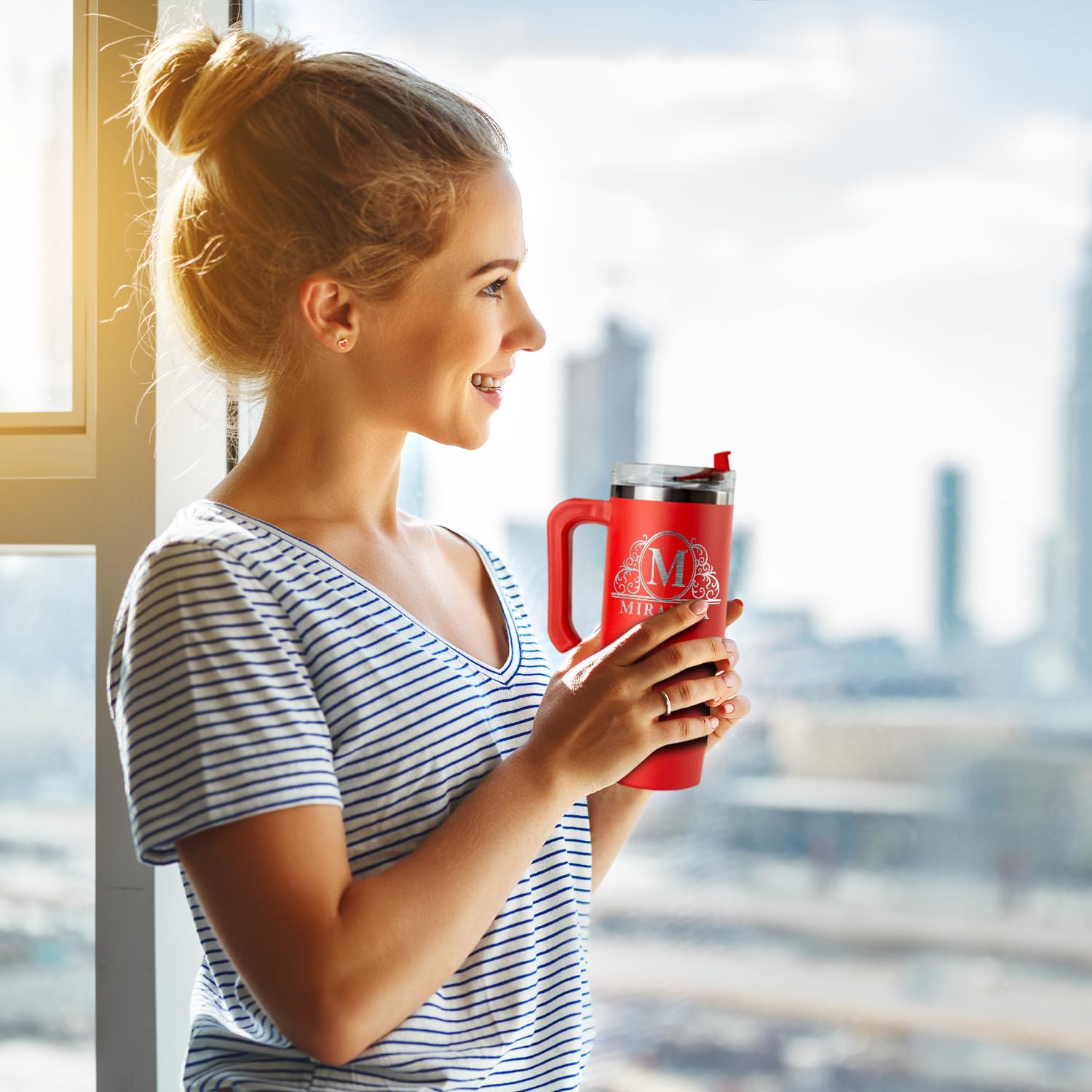 Personalized 30 oz Travel Mug - Elaborate Circle Monogram - Red Custom Engraved Cup with Handle Vacuum Insulated Tumbler Birthday Gift for Women, Men, Beer and Drinks