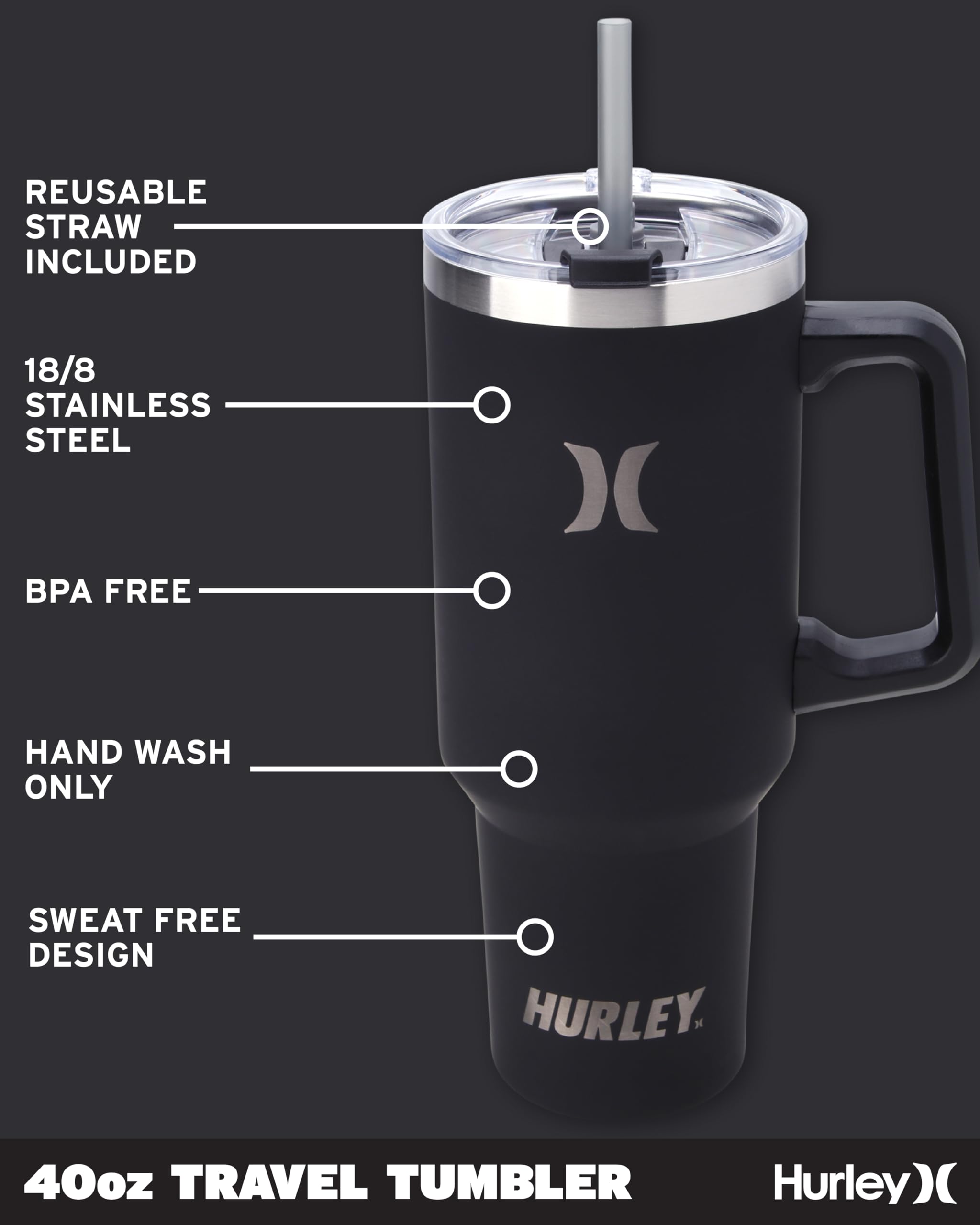 Hurley Tumbler Thermos - 40oz Double Wall Vacuum Insulated Travel Mug with Handle - BPA Free Stainless Steel Water Bottle - Leak Proof Hot and Cold Coffee Car Cup, Size 40 Ounces, Black Solid Rubber