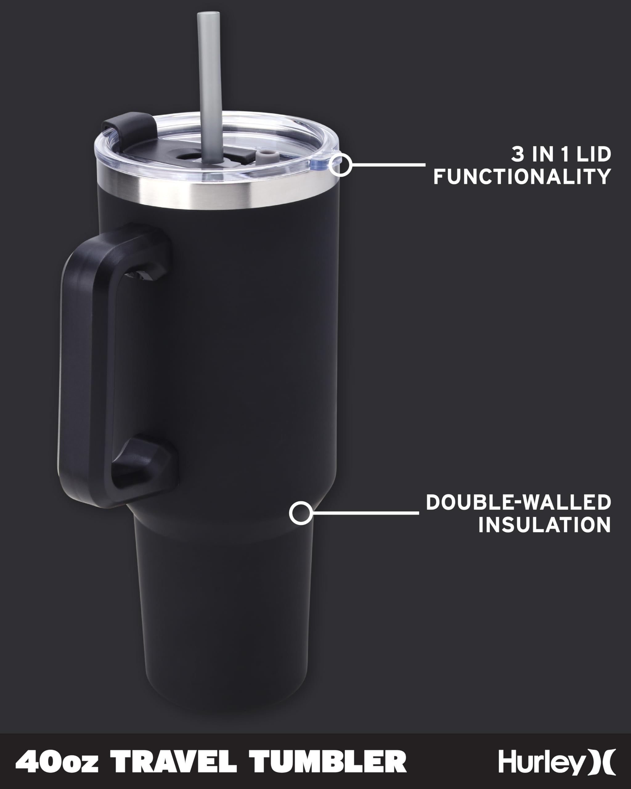 Hurley Tumbler Thermos - 40oz Double Wall Vacuum Insulated Travel Mug with Handle - BPA Free Stainless Steel Water Bottle - Leak Proof Hot and Cold Coffee Car Cup, Size 40 Ounces, Black Solid Rubber