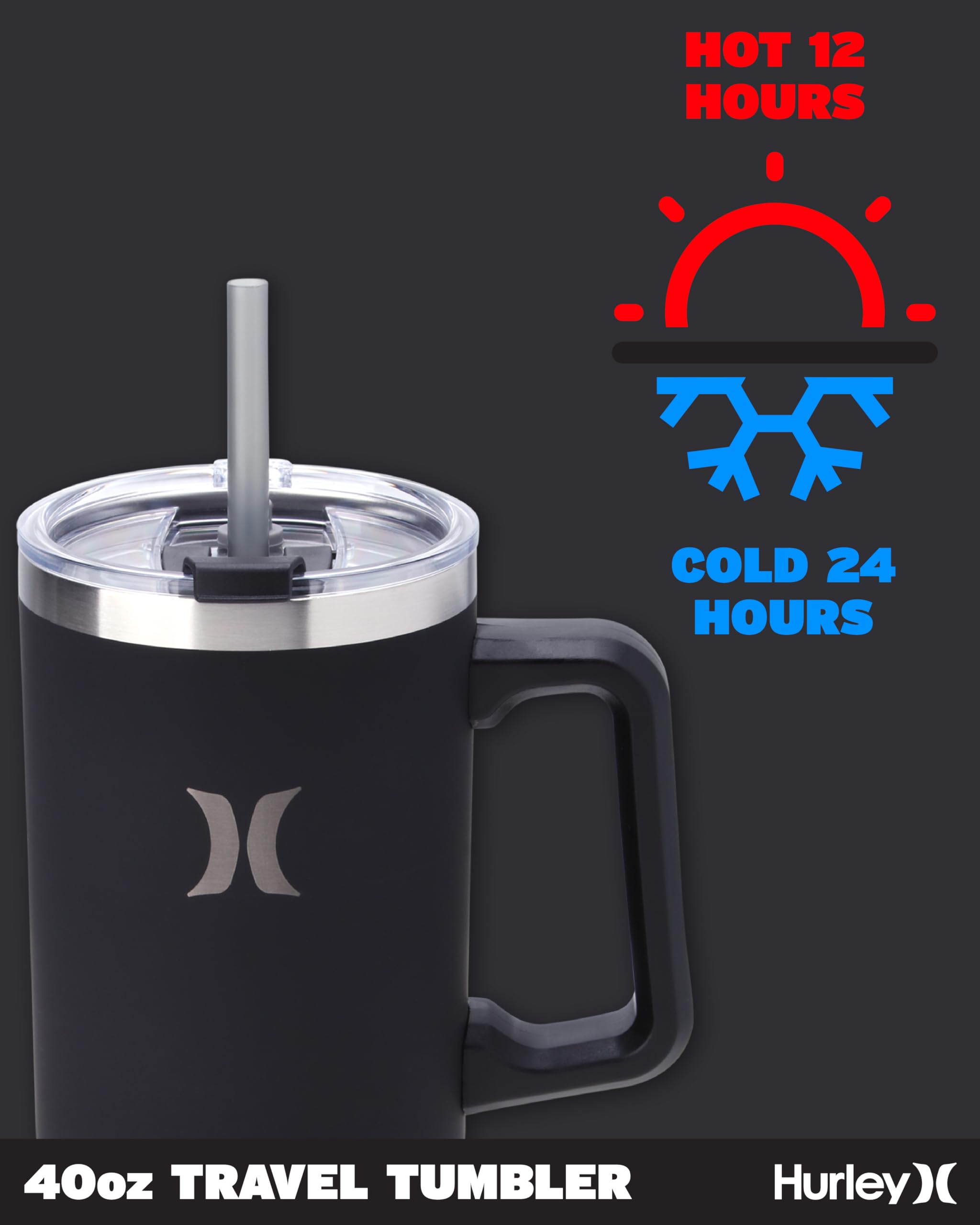 Hurley Tumbler Thermos - 40oz Double Wall Vacuum Insulated Travel Mug with Handle - BPA Free Stainless Steel Water Bottle - Leak Proof Hot and Cold Coffee Car Cup, Size 40 Ounces, Black Solid Rubber
