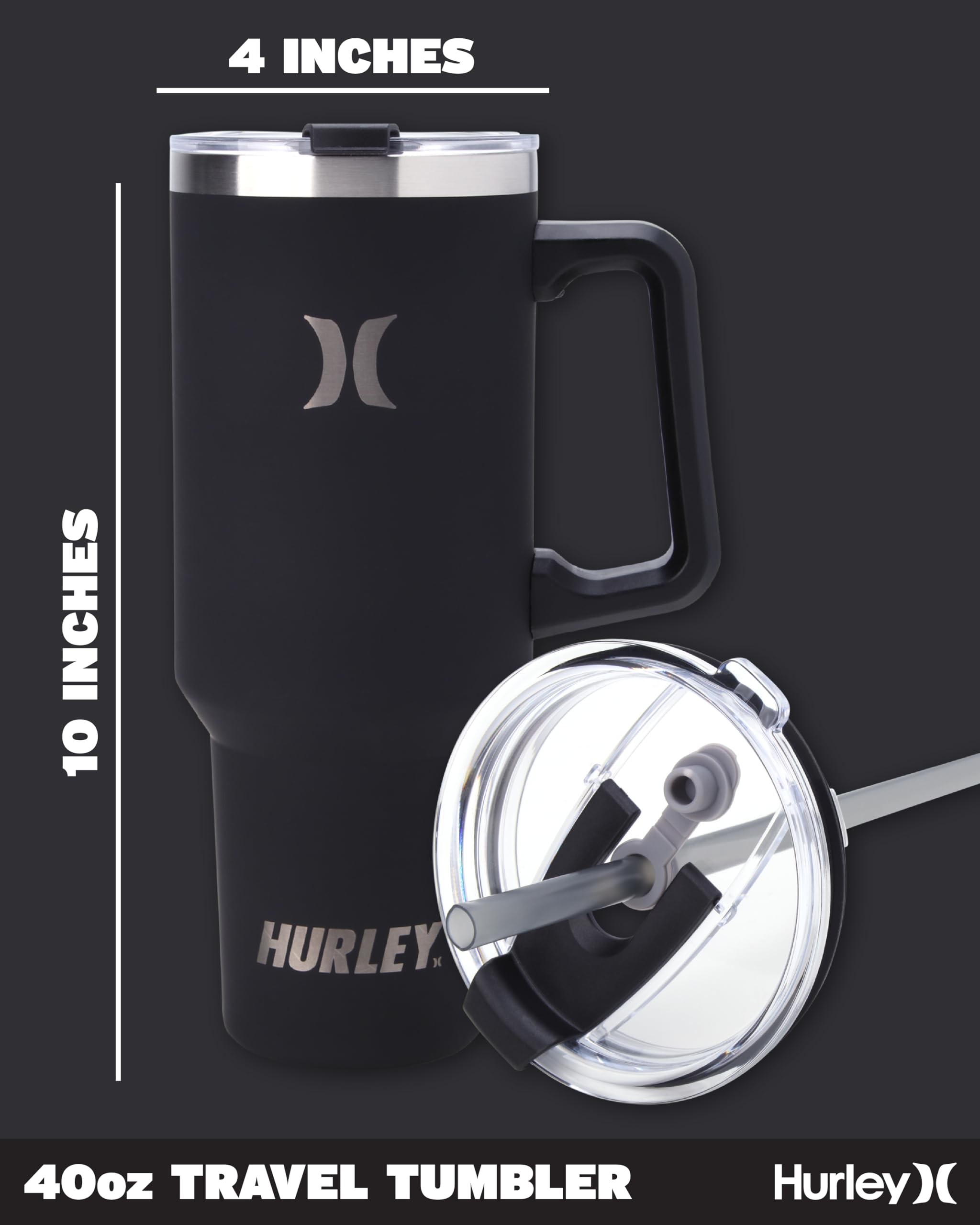 Hurley Tumbler Thermos - 40oz Double Wall Vacuum Insulated Travel Mug with Handle - BPA Free Stainless Steel Water Bottle - Leak Proof Hot and Cold Coffee Car Cup, Size 40 Ounces, Black Solid Rubber