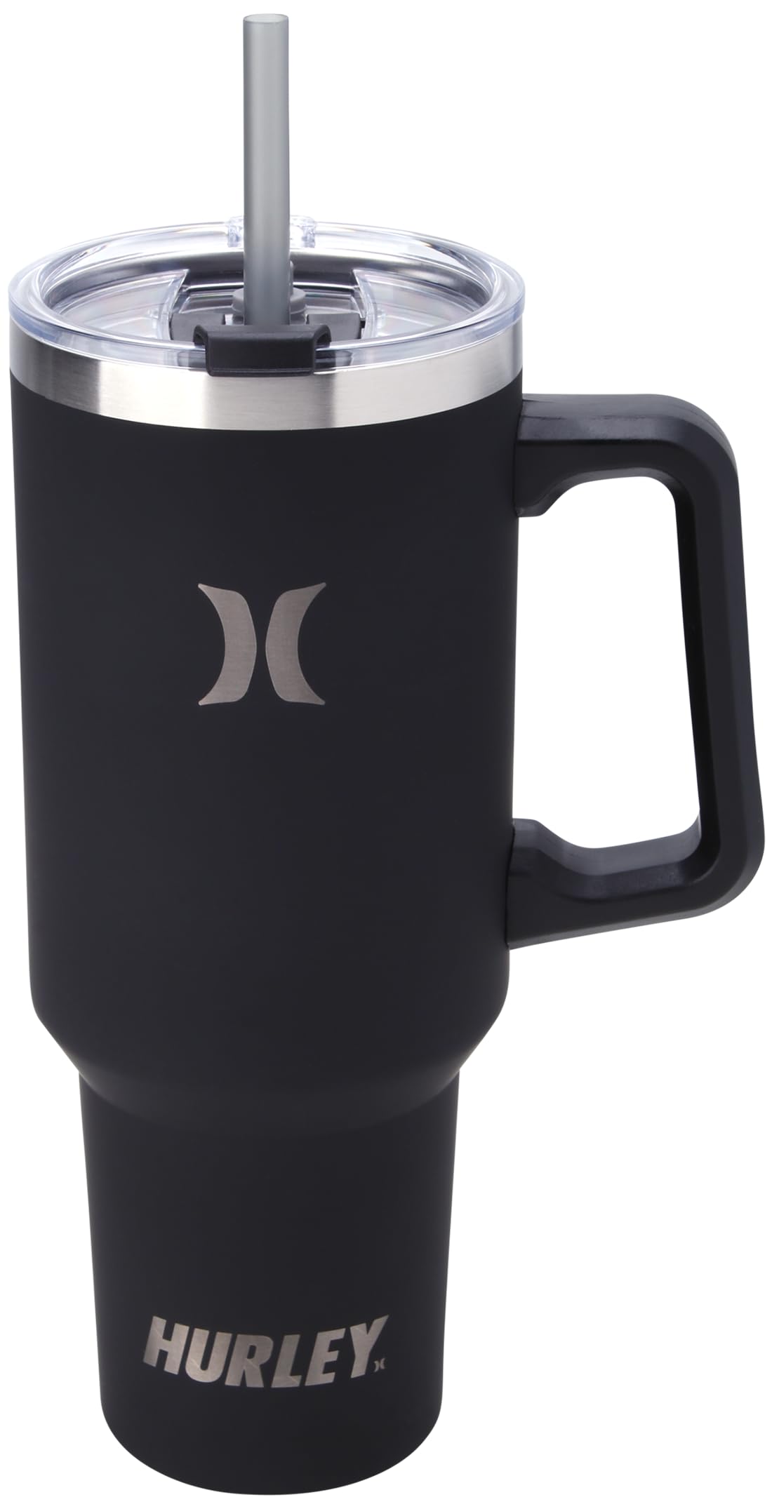 Hurley Tumbler Thermos - 40oz Double Wall Vacuum Insulated Travel Mug with Handle - BPA Free Stainless Steel Water Bottle - Leak Proof Hot and Cold Coffee Car Cup, Size 40 Ounces, Black Solid Rubber