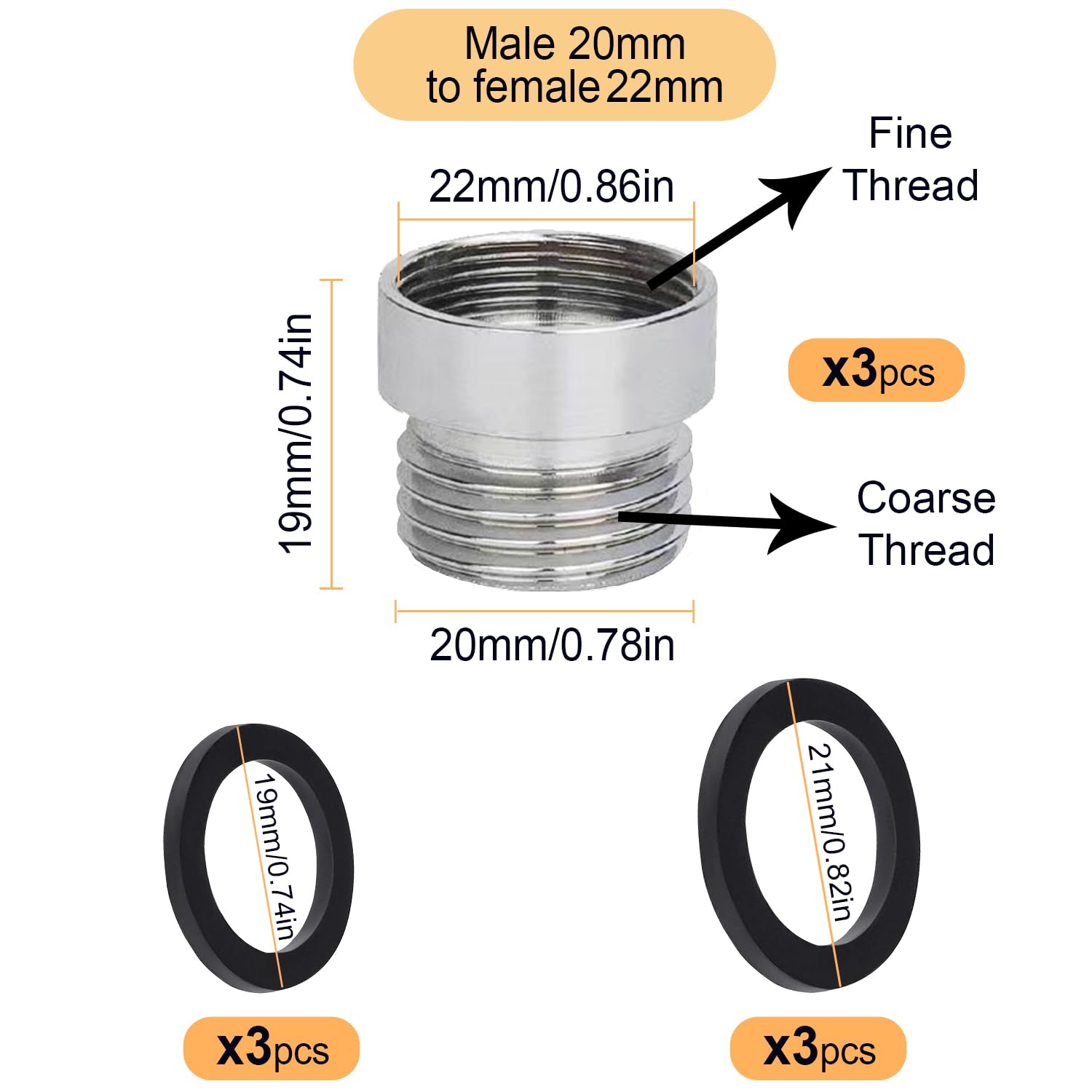 3 pcs Faucet Adapter Kit, CNYMANY Male 0.78in Coarse Thread to Female 0.87in Fine Thread Kitchen Aerator Adapter Set Sink Faucet Adapter Connecting Garden Hose Water Filter Standard Hose via Diverter