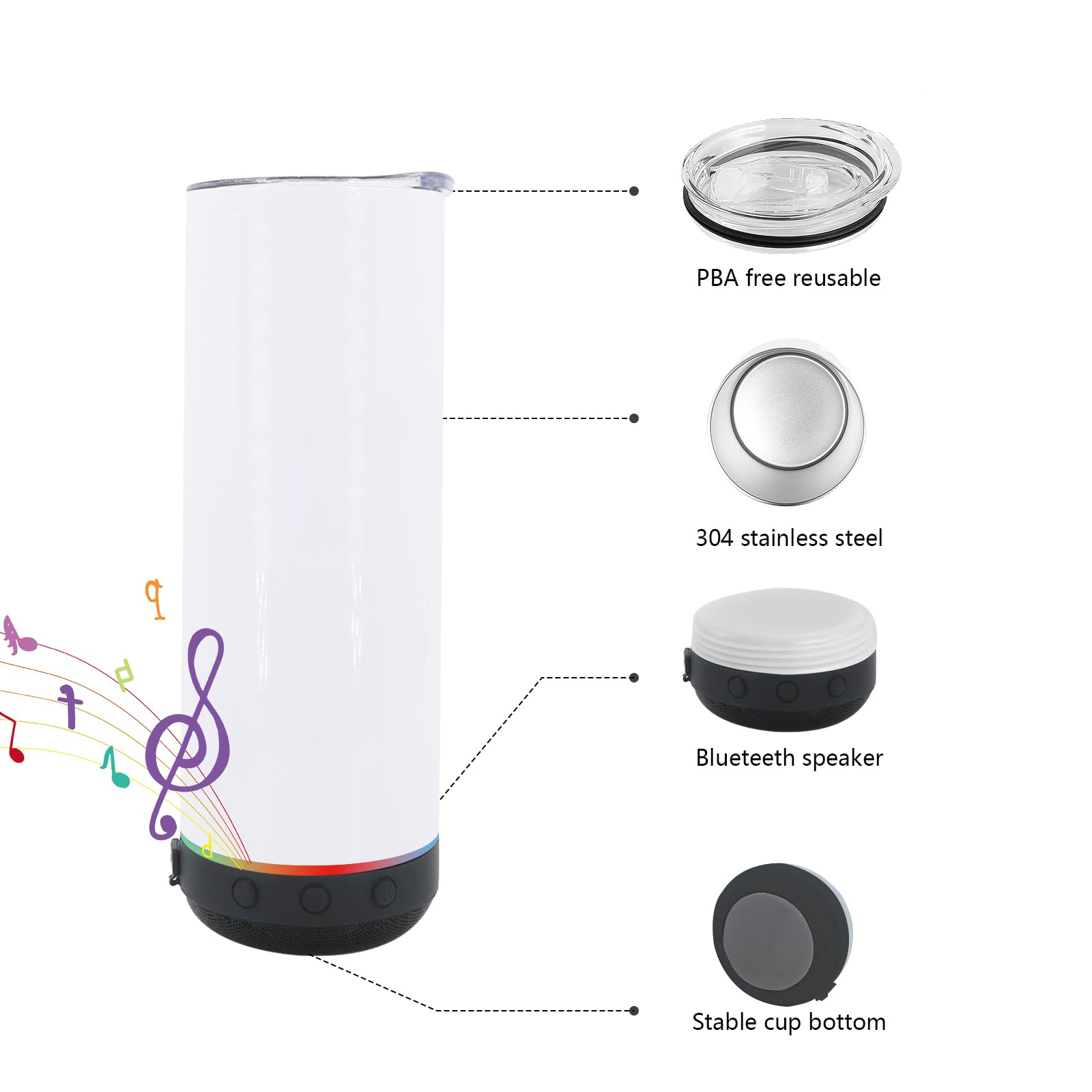 HIZEE 20 oz 1 pack Sublimation Tumbler Blank Bluetooth Music Speaker with Straw and Lid,Skinny Straight Stainless Steel Sublimation Cup Detachable Speaker Suitable for Travel Gifts