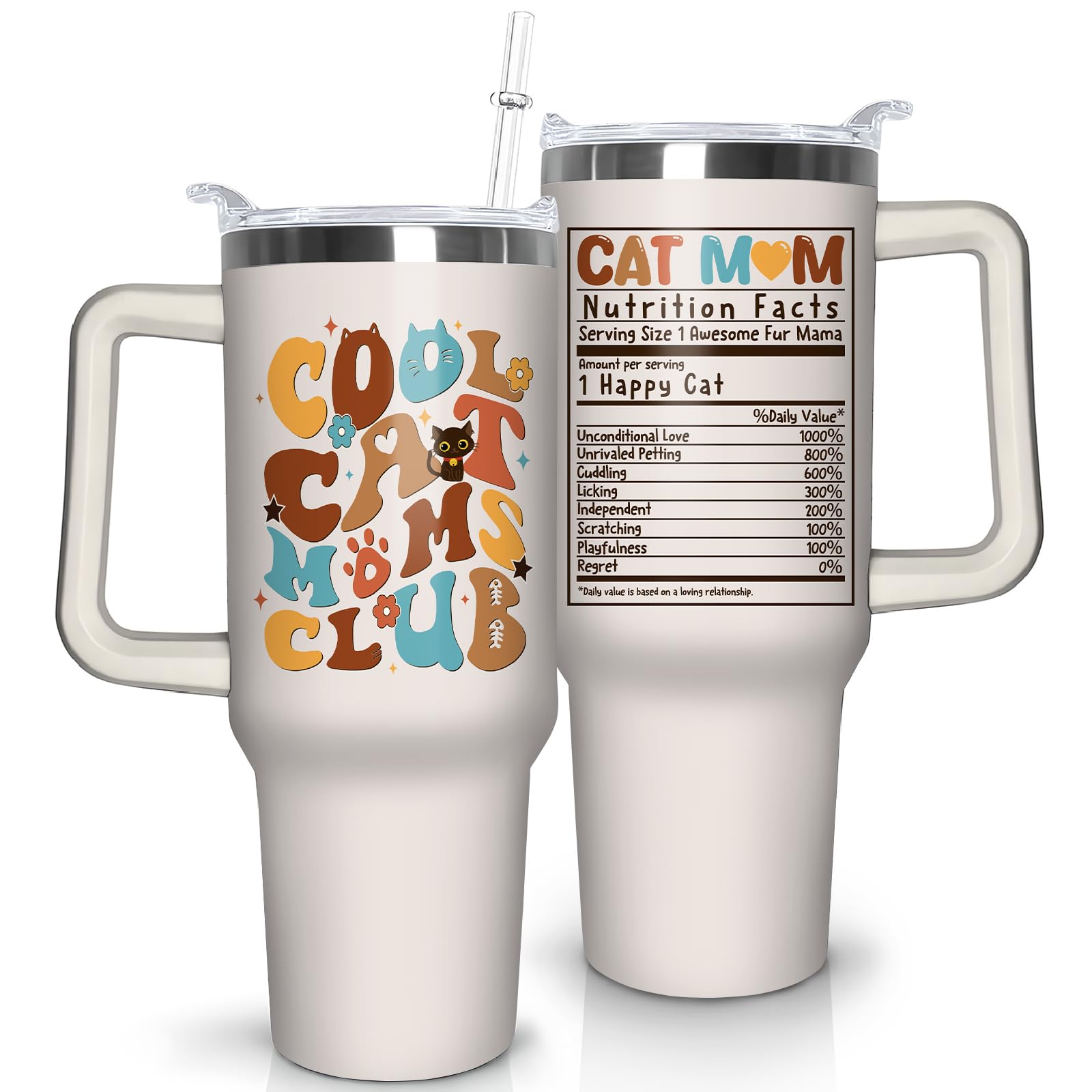 qoepfnsh 40 oz Cat Mama Tumbler with Handle and Straw, Stainless Steel Insulated Cat Travel Coffee Mug Cup Water Bottle, Cat Mama Themed Gifts Stuff for Women, Cat Lover Gifts for Women Girls
