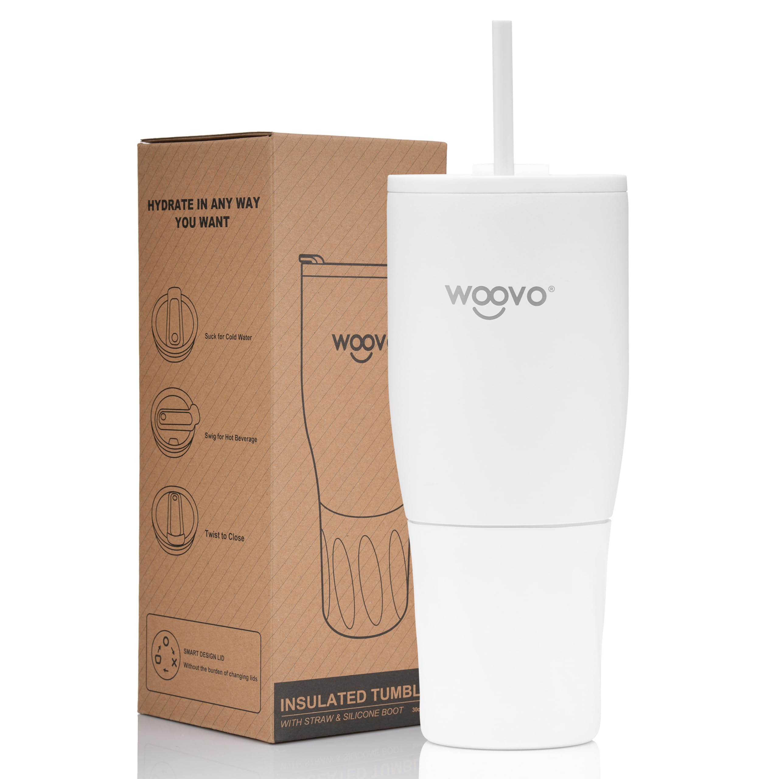 WOOVO 30 oz Tumbler with Lid and Straw - Insulated Double Wall Stainless Steel Water Bottle with SIlicone Boot - BPA Free Dishwasher Safe Tumbler, Reusable 30oz Travel Cup Stay Hot Cold - White