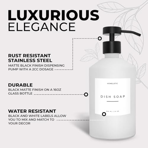 Luxury Glass Soap Dispenser Set of 2 - Elegant Aesthetic White Glass Bottles with Modern Matte Black Stainless Steel Pumps, Ideal for Kitchen, Bathroom, Hand Soap, Dish Soap, and More.