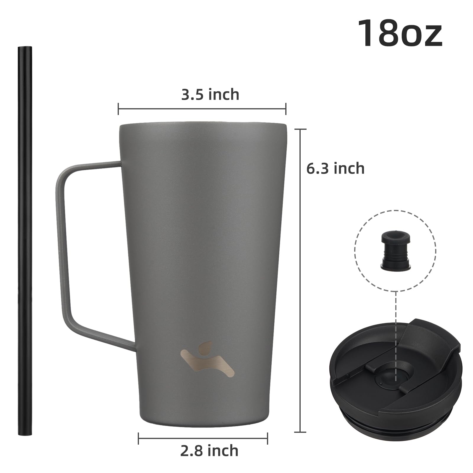 Konokyo Insulated Tumbler with Handle and Straw, 18 OZ Travel Coffee Mug Stainless Steel Cup Metal Water Bottle,Grey