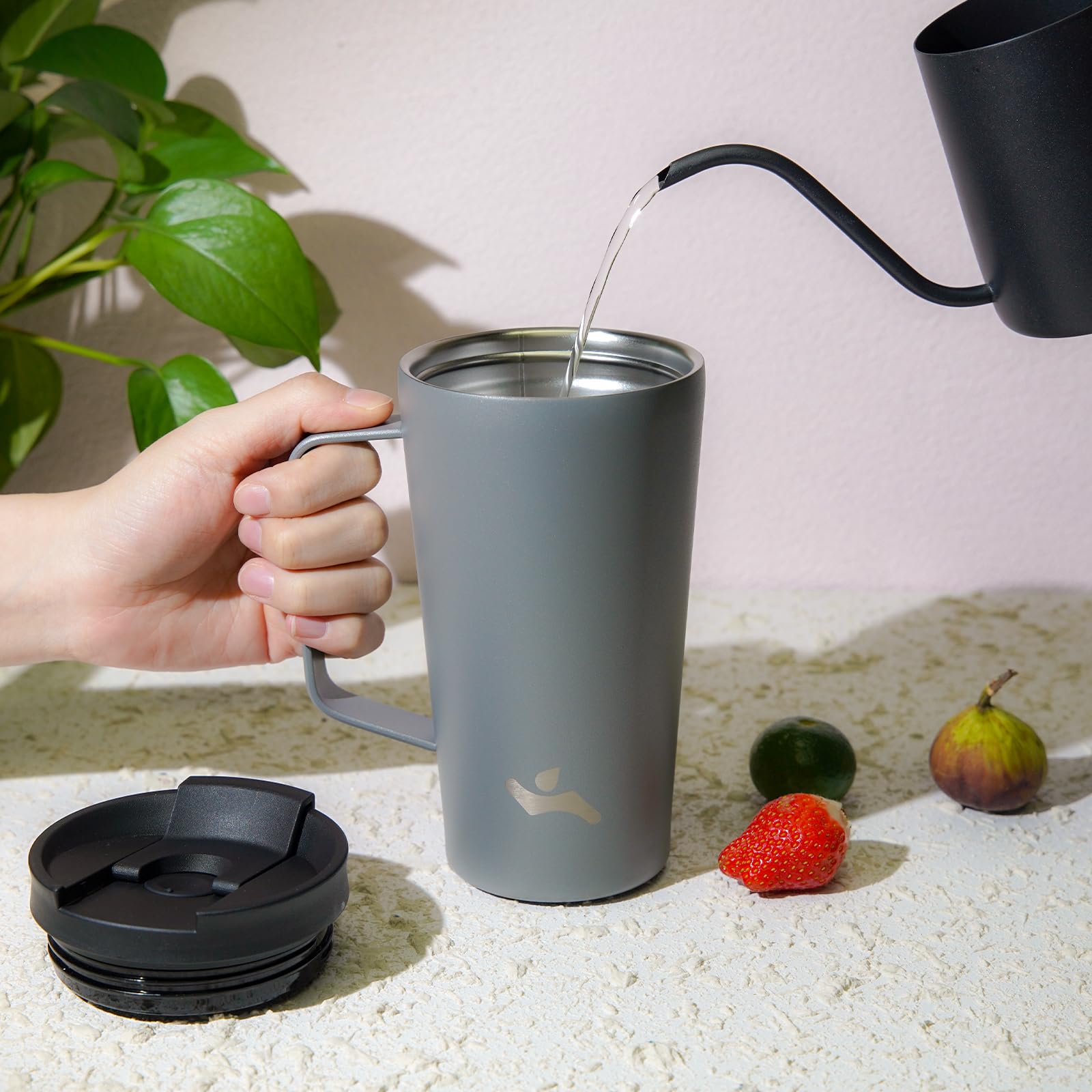 Konokyo Insulated Tumbler with Handle and Straw, 18 OZ Travel Coffee Mug Stainless Steel Cup Metal Water Bottle,Grey