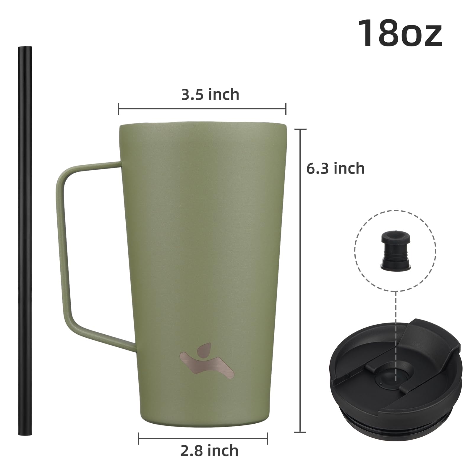 Konokyo Insulated Tumbler with Handle and Straw, 18 OZ Travel Coffee Mug Stainless Steel Cup Metal Water Bottle,Camp Green