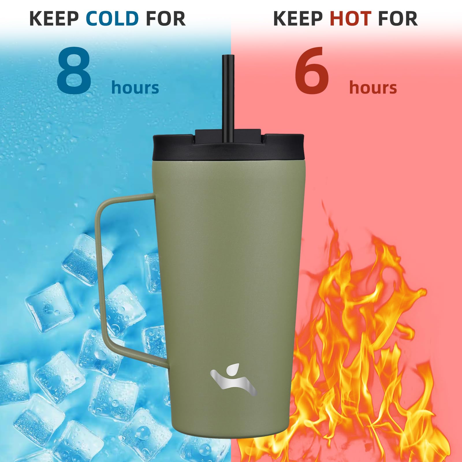 Konokyo Insulated Tumbler with Handle and Straw, 18 OZ Travel Coffee Mug Stainless Steel Cup Metal Water Bottle,Camp Green