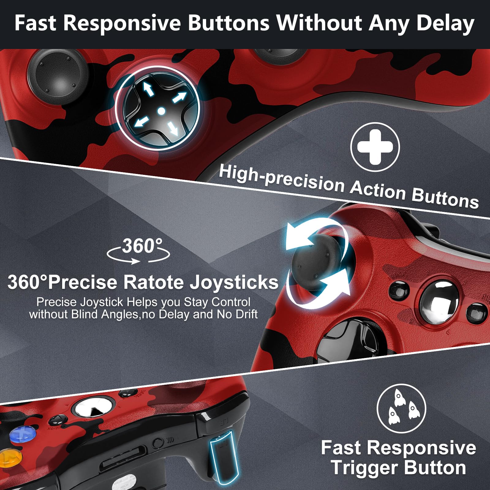 BUERTT Wireless Controller for Xbox 360, 2.4GHZ Game Joystick Controller Gamepad for Xbox 360 & Slim Console and PC Windows 7/8/10,No Audio Jack,Camo Red