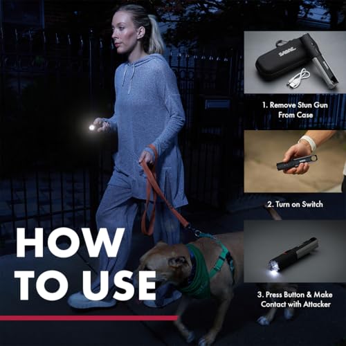 SABRE 2-in-1 Flashlight Design with Built-in Stun Gun, Powerful 1.76 µC Charge, 200 Lumen LED with 3 Modes; High, Low and Strobe, Rechargeable Battery, Hard Case and USB-C Charging Cord Included