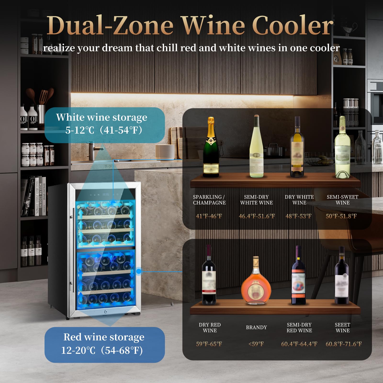 FOVOMI Wine Refrigerators,52-bottle Wine Fridge Cooler Freestanding Wine Refrigerator,(Bordeaux 750ml) Dual Zone Compressor Wine Cellars Chiller