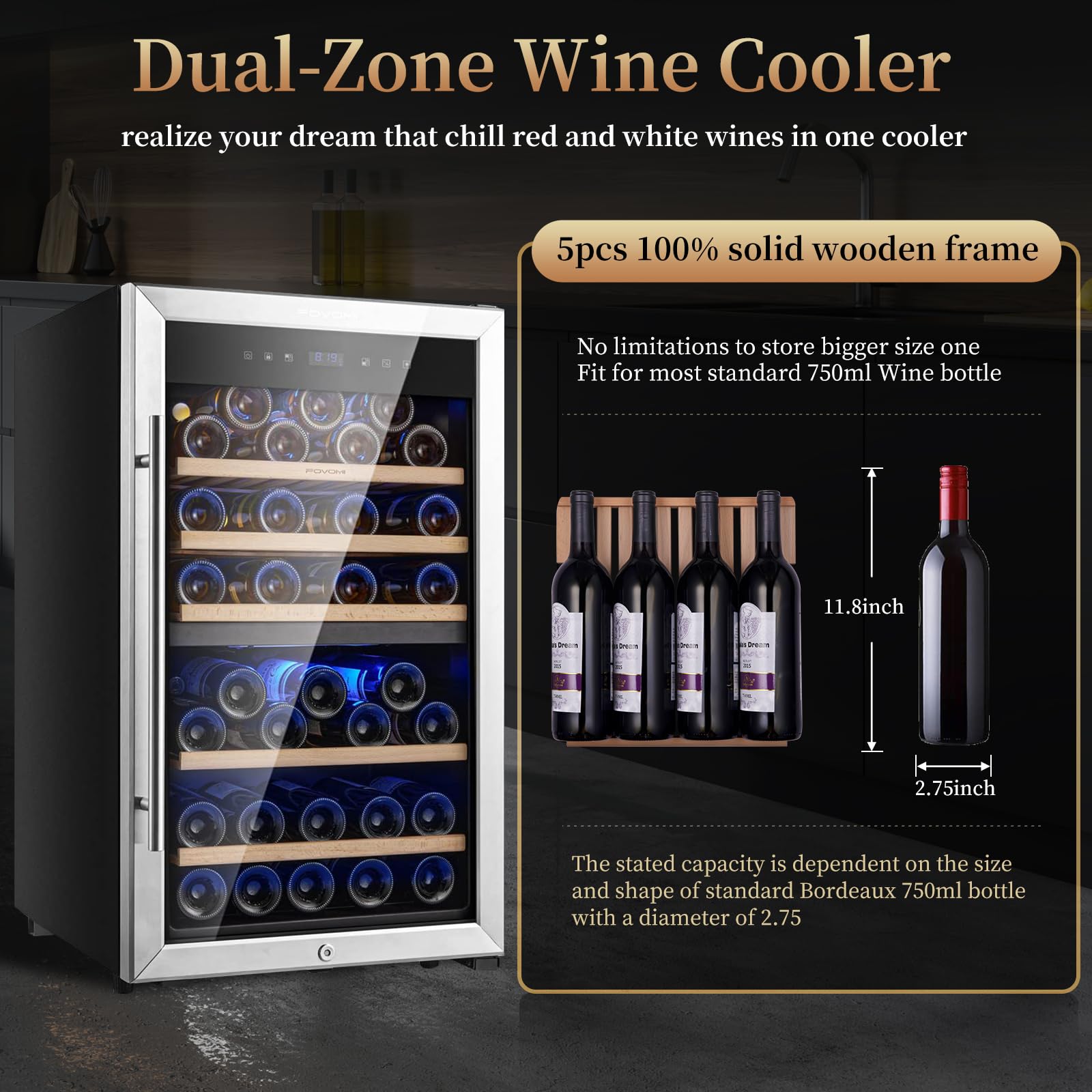 FOVOMI Wine Refrigerators,52-bottle Wine Fridge Cooler Freestanding Wine Refrigerator,(Bordeaux 750ml) Dual Zone Compressor Wine Cellars Chiller