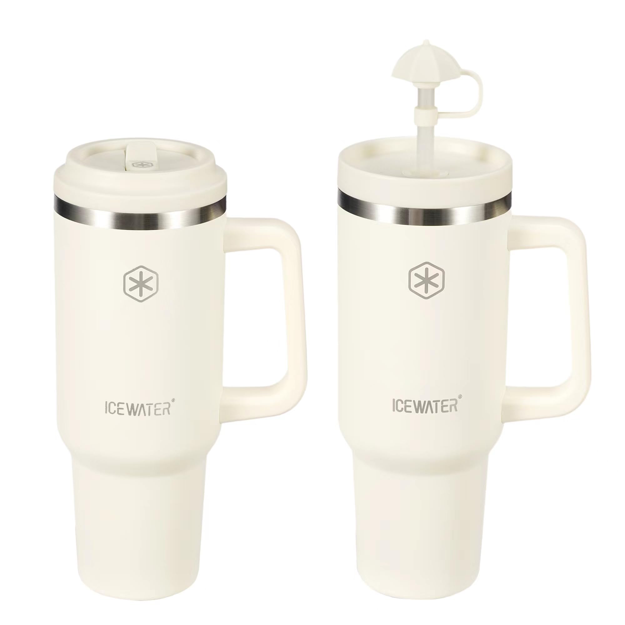 ICEWATER 40 oz Tumbler with 2 Lids (Flip & Standard Straw),100% Leak Proof Insulated Tumbler with Handle, Cup Holder Friendly, Stainless Steel Water Bottle, Gifts for Women & Men (Cream)