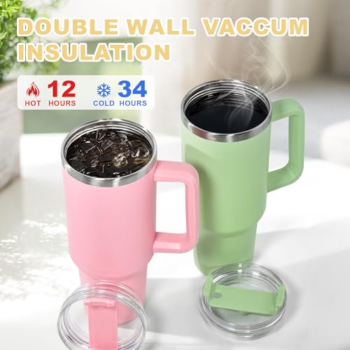 FECBK 40 oz Tumbler with Handle and Straw, 100% Leak-Proof Travel Mug, Stainless Steel Double Wall Vacuum Insulated Coffee Cup Keeps Cold For 34 Hours, Dishwasher Safe, Beige