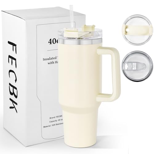 FECBK 40 oz Tumbler with Handle and Straw, 100% Leak-Proof Travel Mug, Stainless Steel Double Wall Vacuum Insulated Coffee Cup Keeps Cold For 34 Hours, Dishwasher Safe, Beige