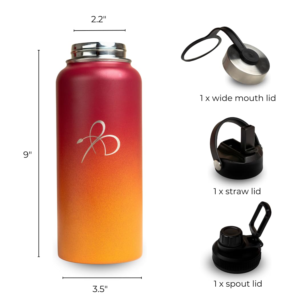 Bright Line Eating Signature B Logo 32oz Stainless Steel Water Bottle - Insulated, Dishwasher Safe, BPA Free, Includes 3 Lids, Orange Silicone Boot
