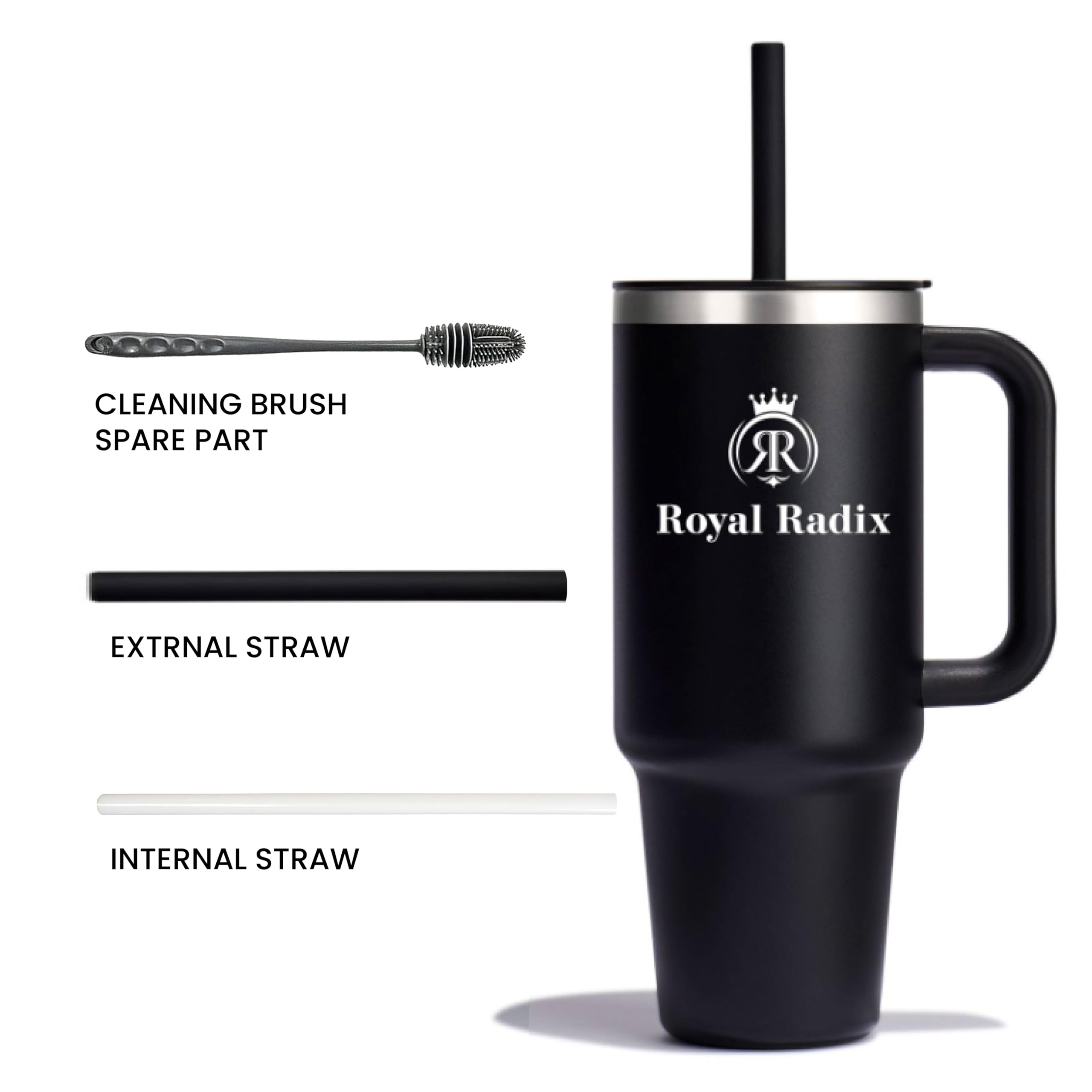 Royal Radix 40oz Insulated Tumbler with Handle & Straw, Stainless Steel Travel Mug, Leak-Proof, Hot & Cold Beverage Cup, BPA-Free, Dishwasher Safe, for Coffee & Water