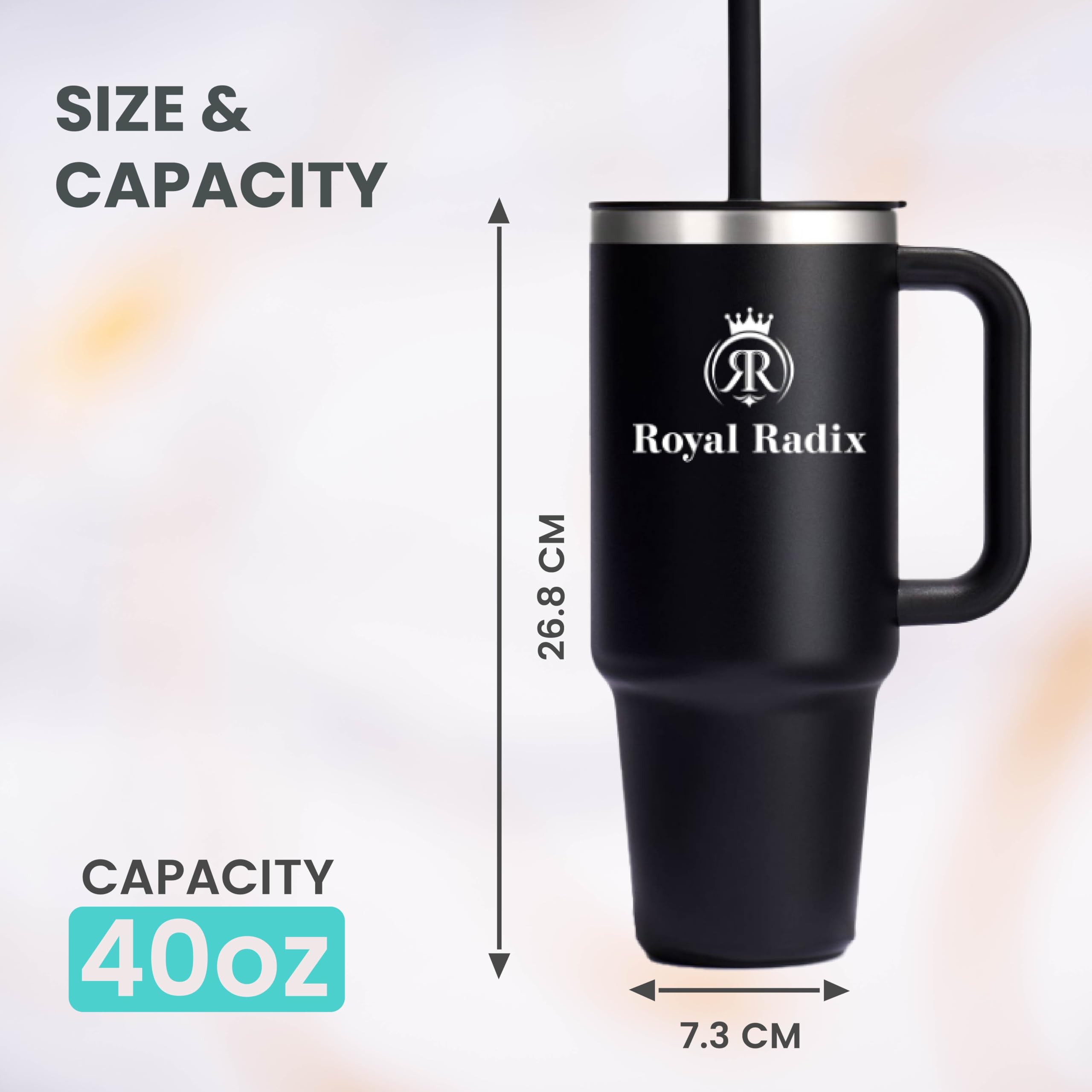 Royal Radix 40oz Insulated Tumbler with Handle & Straw, Stainless Steel Travel Mug, Leak-Proof, Hot & Cold Beverage Cup, BPA-Free, Dishwasher Safe, for Coffee & Water