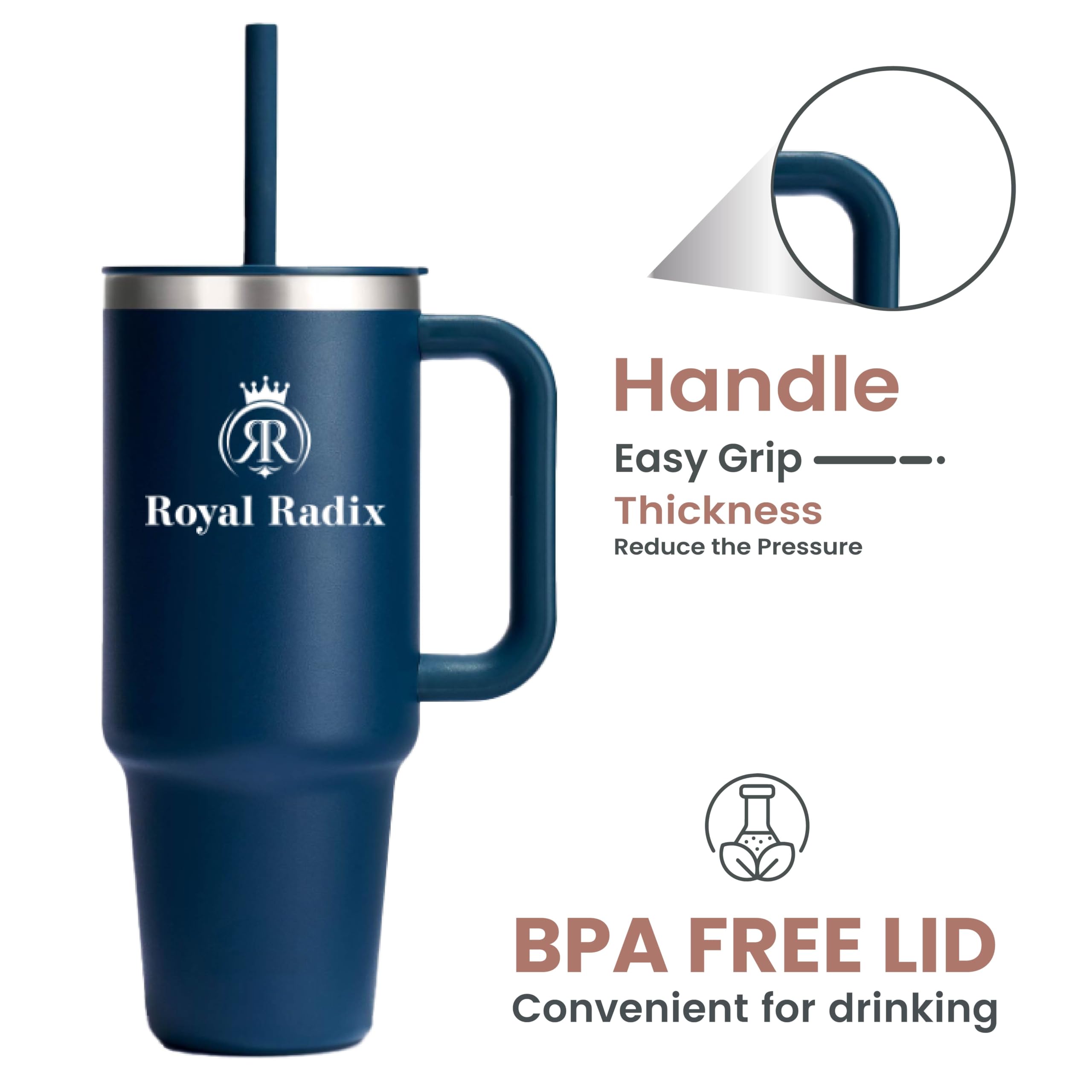 Royal Radix 40oz Insulated Tumbler with Handle & Straw, Stainless Steel Travel Mug, Leak-Proof, Hot & Cold Beverage Cup, BPA-Free, Dishwasher Safe, for Coffee & Water