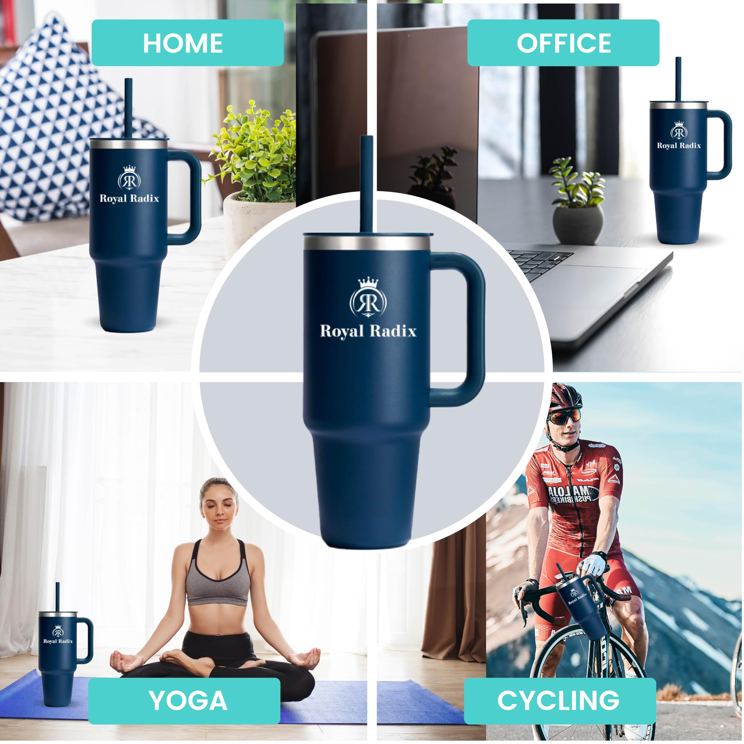 Royal Radix 40oz Insulated Tumbler with Handle & Straw, Stainless Steel Travel Mug, Leak-Proof, Hot & Cold Beverage Cup, BPA-Free, Dishwasher Safe, for Coffee & Water