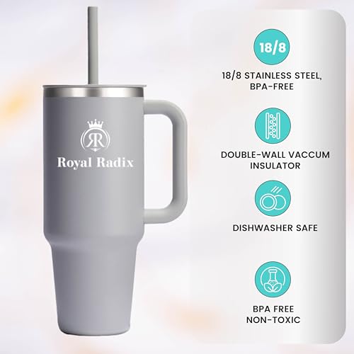 Royal Radix 40oz Insulated Tumbler with Handle & Straw, Stainless Steel Travel Mug, Leak-Proof, Hot & Cold Beverage Cup, BPA-Free, Dishwasher Safe, for Coffee & Water