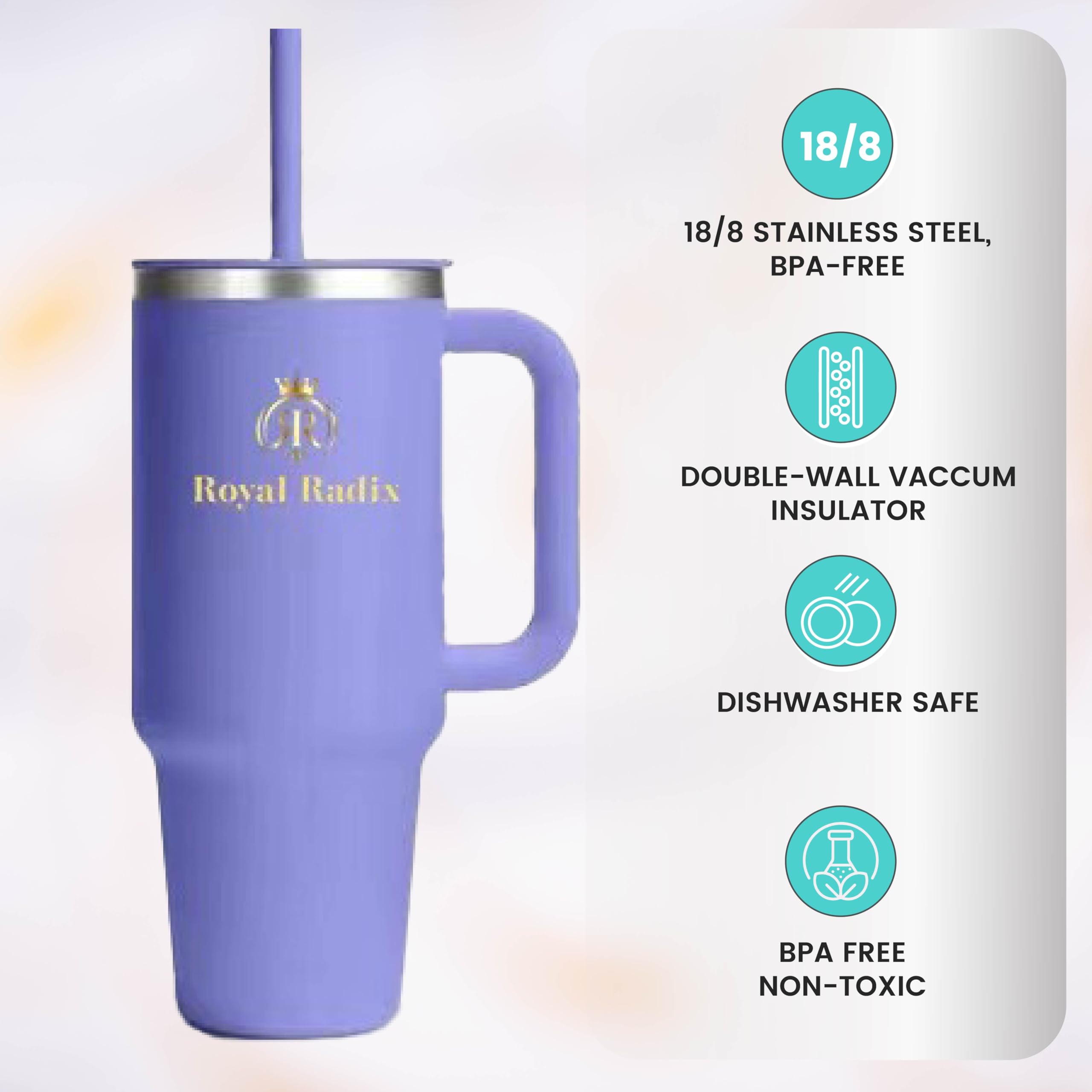 Royal Radix 40oz Insulated Tumbler with Handle & Straw, Stainless Steel Travel Mug, Leak-Proof, Hot & Cold Beverage Cup, BPA-Free, Dishwasher Safe, for Coffee & Water