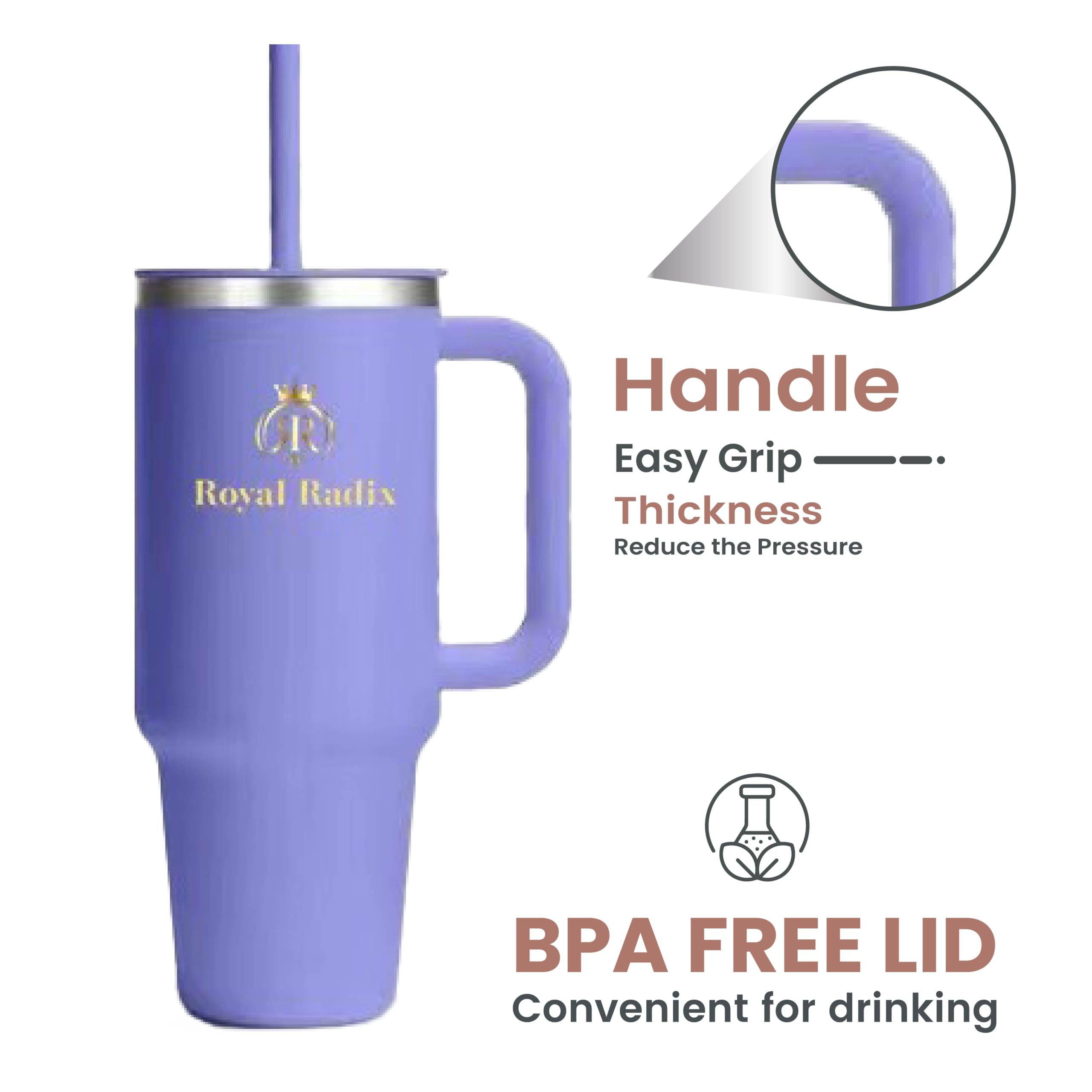 Royal Radix 40oz Insulated Tumbler with Handle & Straw, Stainless Steel Travel Mug, Leak-Proof, Hot & Cold Beverage Cup, BPA-Free, Dishwasher Safe, for Coffee & Water