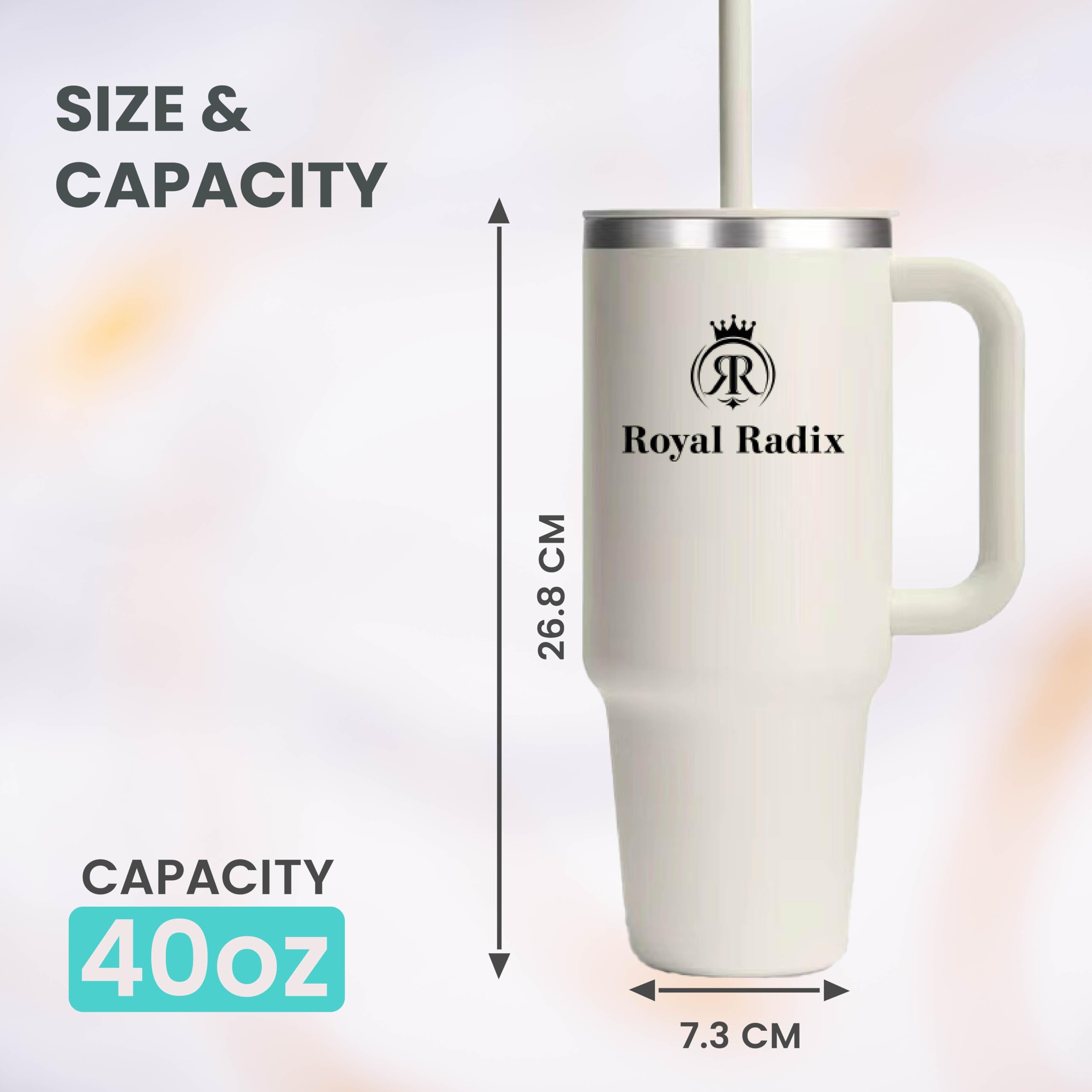 Royal Radix 40oz Insulated Tumbler with Handle & Straw, Stainless Steel Travel Mug, Leak-Proof, Hot & Cold Beverage Cup, BPA-Free, Dishwasher Safe, for Coffee & Water