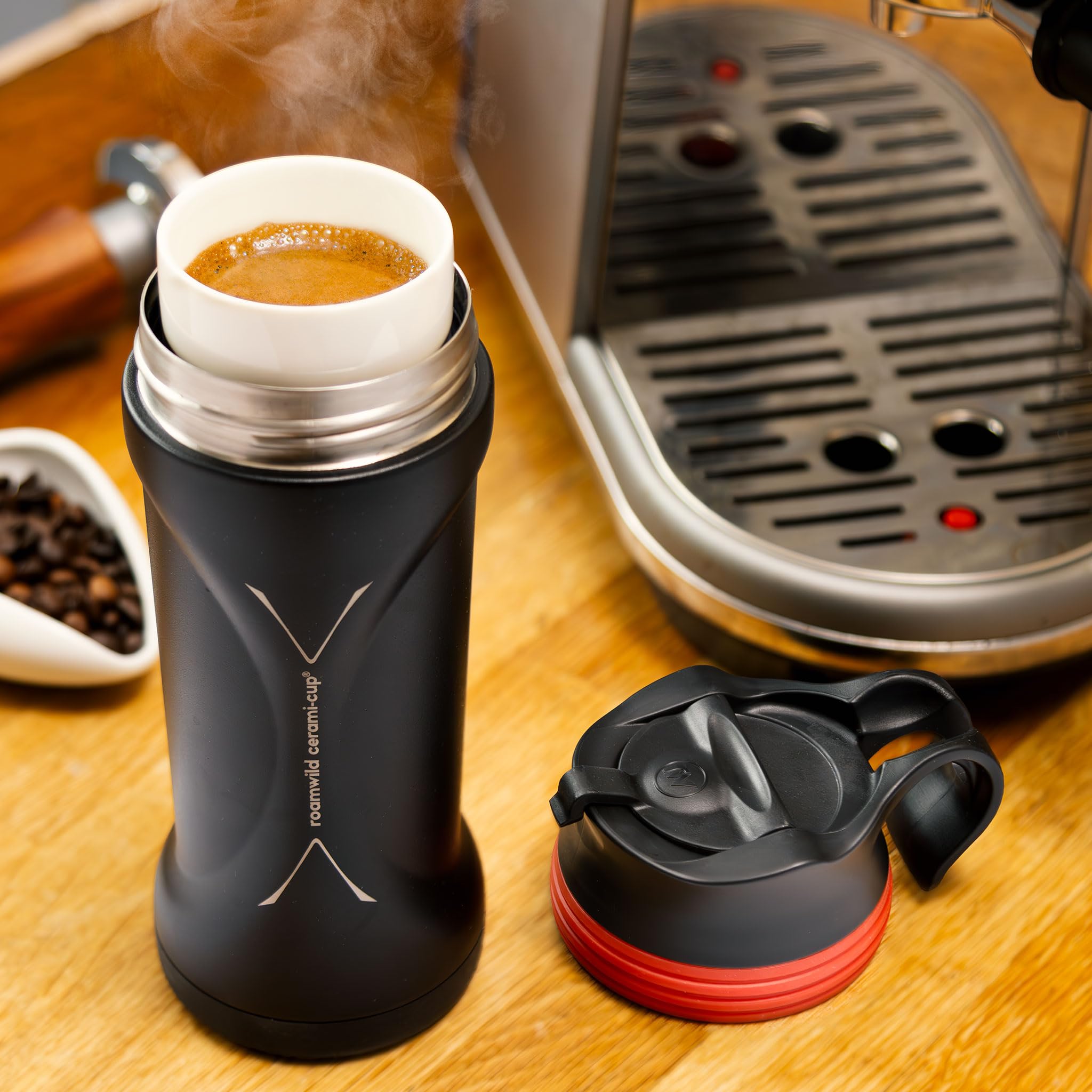 Roamwild Cerami Cup 16oz / 455ml β With Unique Ceramic Fresh Tasting Inner - Quadruple Thermal Insulation Technology Stainless Steel Travel Mug, BPA-Free, Dishwasher Safe (Black & Red)
