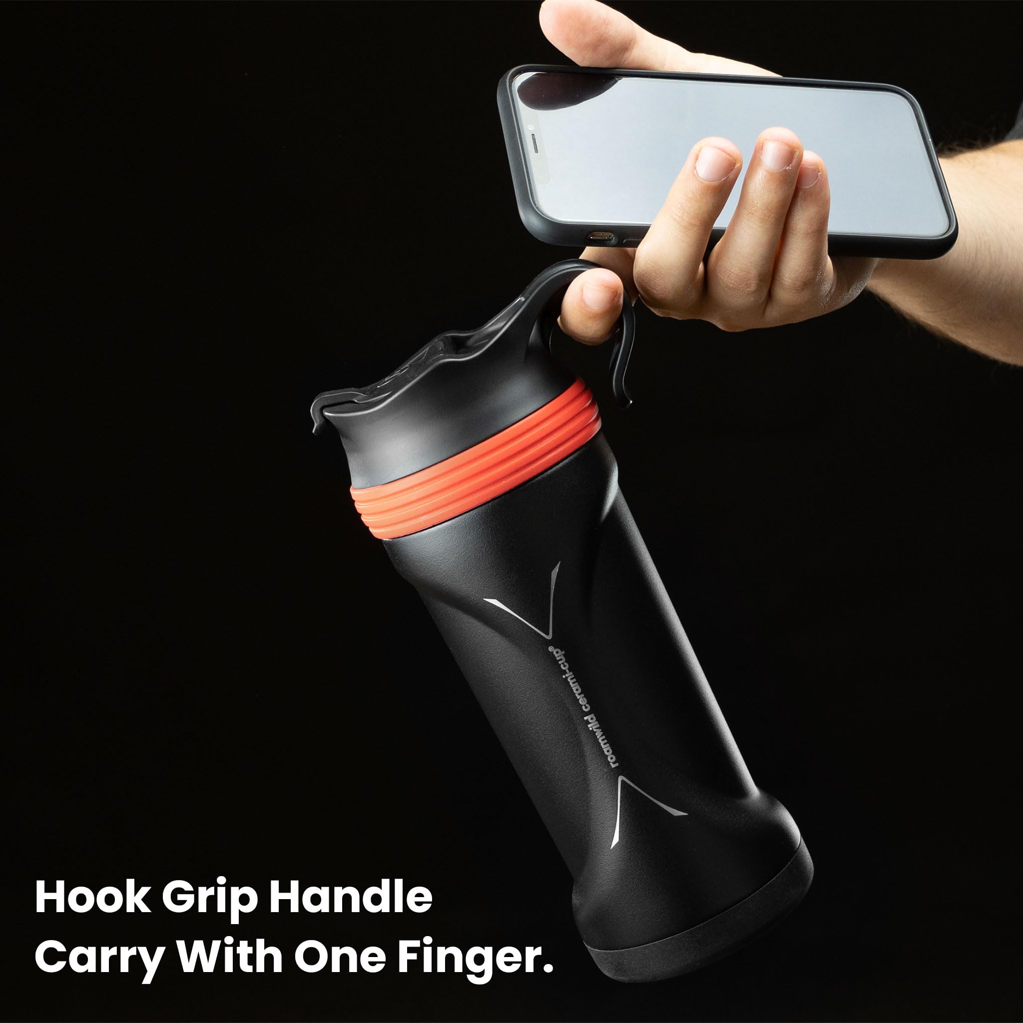 Roamwild Cerami Cup 16oz / 455ml β With Unique Ceramic Fresh Tasting Inner - Quadruple Thermal Insulation Technology Stainless Steel Travel Mug, BPA-Free, Dishwasher Safe (Black & Red)