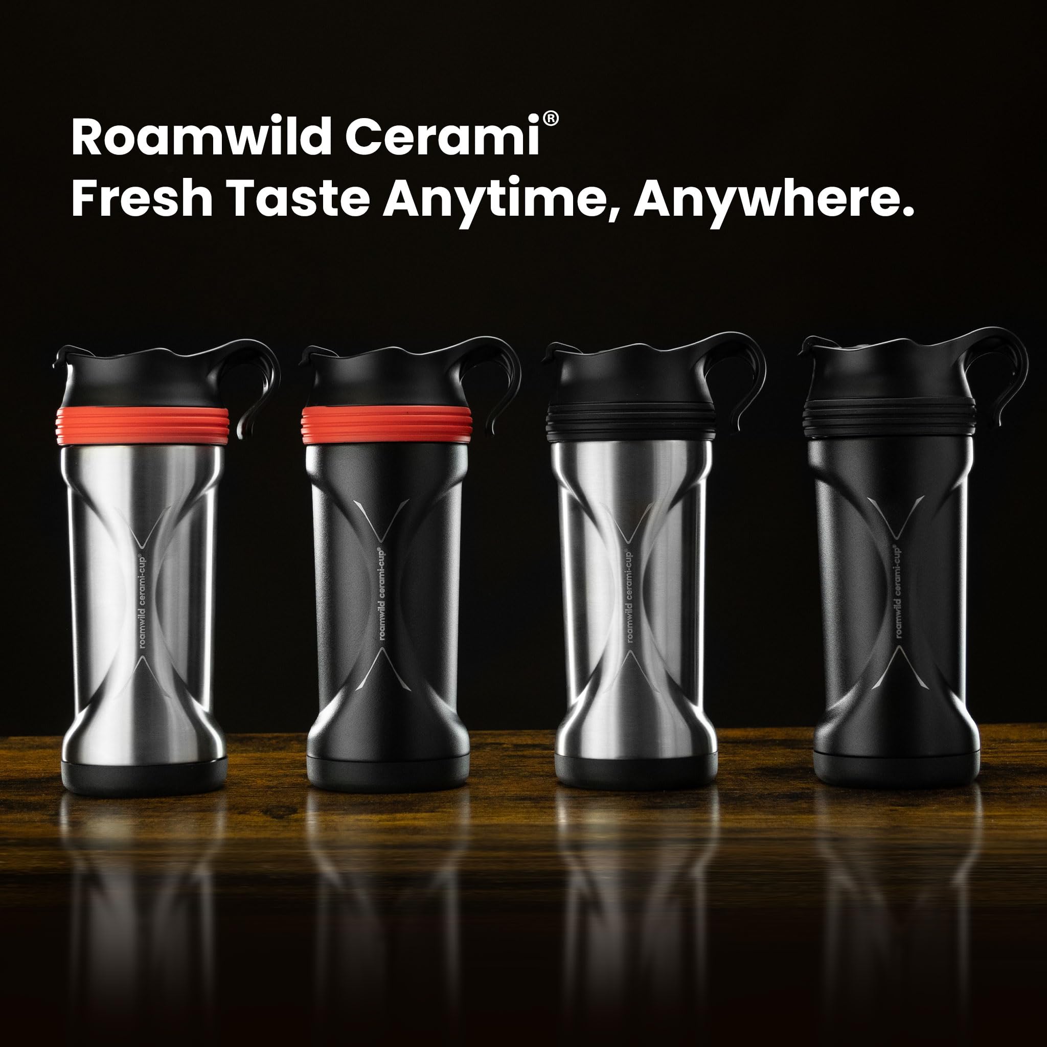 Roamwild Cerami Cup 16oz / 455ml β With Unique Ceramic Fresh Tasting Inner - Quadruple Thermal Insulation Technology Stainless Steel Travel Mug, BPA-Free, Dishwasher Safe (Black & Red)