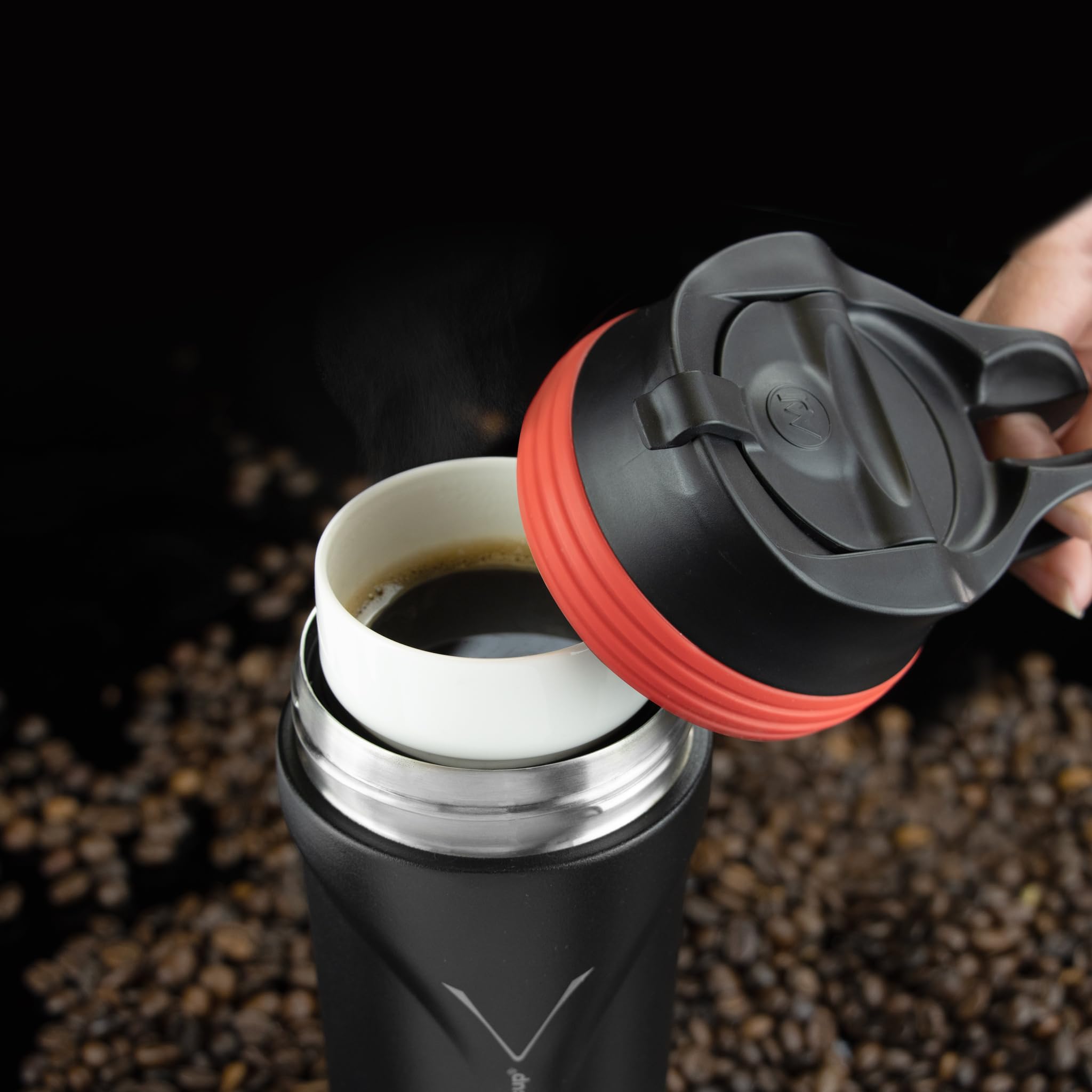 Roamwild Cerami Cup 16oz / 455ml β With Unique Ceramic Fresh Tasting Inner - Quadruple Thermal Insulation Technology Stainless Steel Travel Mug, BPA-Free, Dishwasher Safe (Black & Red)